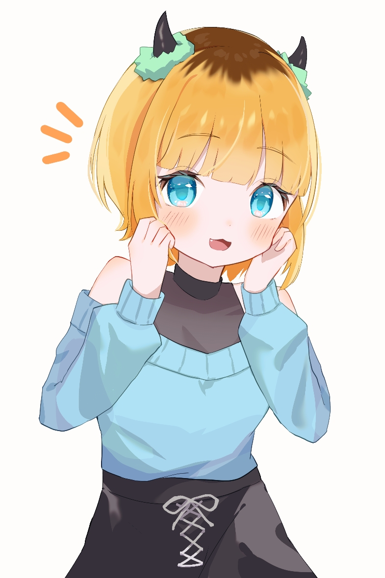 Safebooru - 1girl :3 bare shoulders black skirt blonde hair blue eyes blue sweater blunt bangs ...