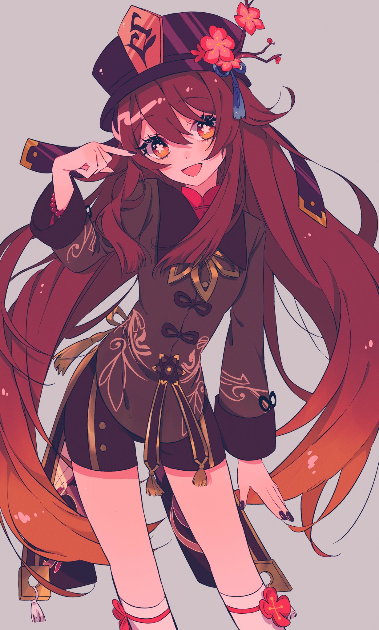 Safebooru - 1girl bead bracelet beads black headwear black nails black shorts bracelet brown ...