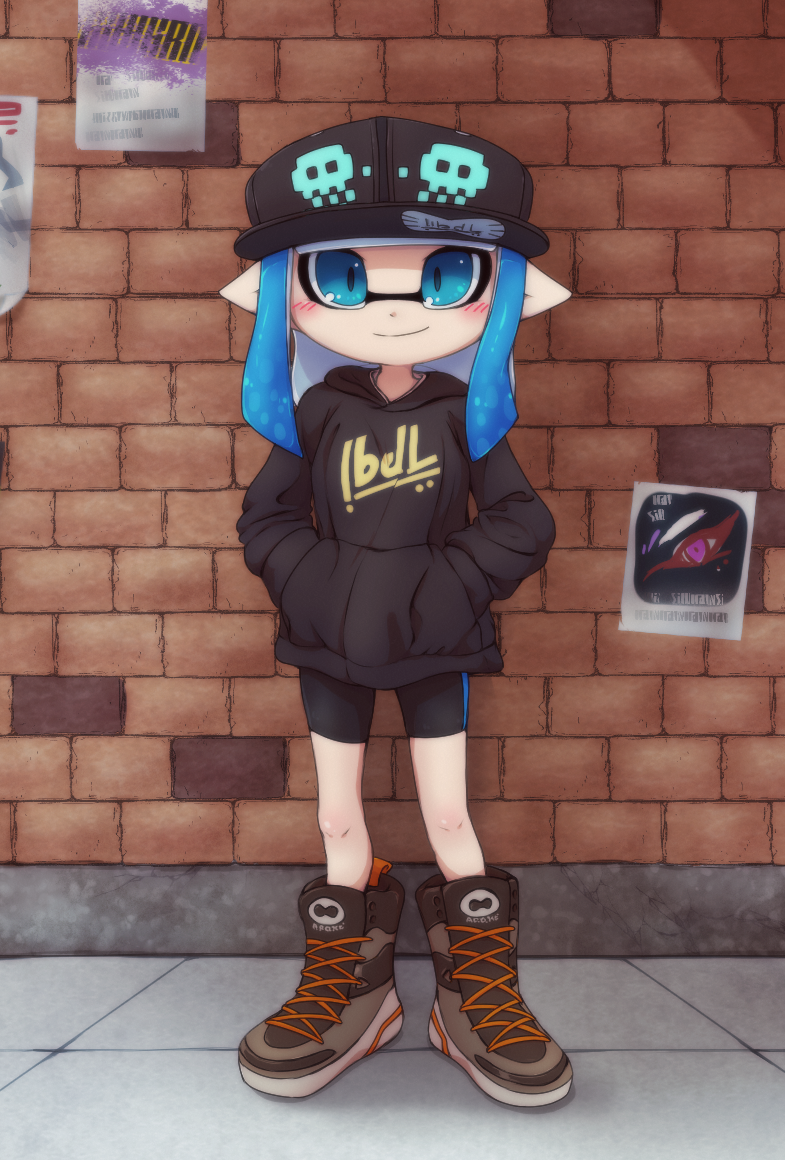 Safebooru - 1girl bike shorts black footwear black headwear black hoodie blue hair brick wall ...