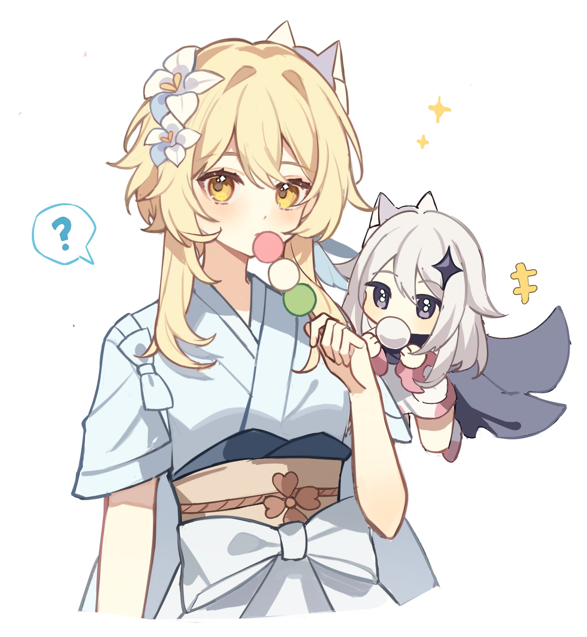 Safebooru - +++ 2girls ? alternate costume blonde hair blue cape blue eyes blue kimono blush ...