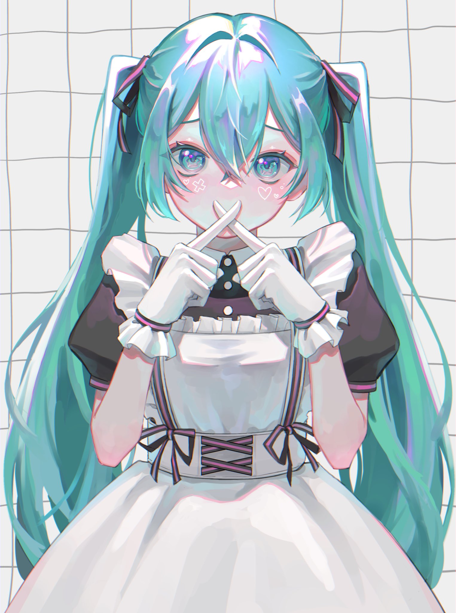Safebooru - 1girl apron aqua eyes aqua hair black ribbon black shirt blush commentary covering ...