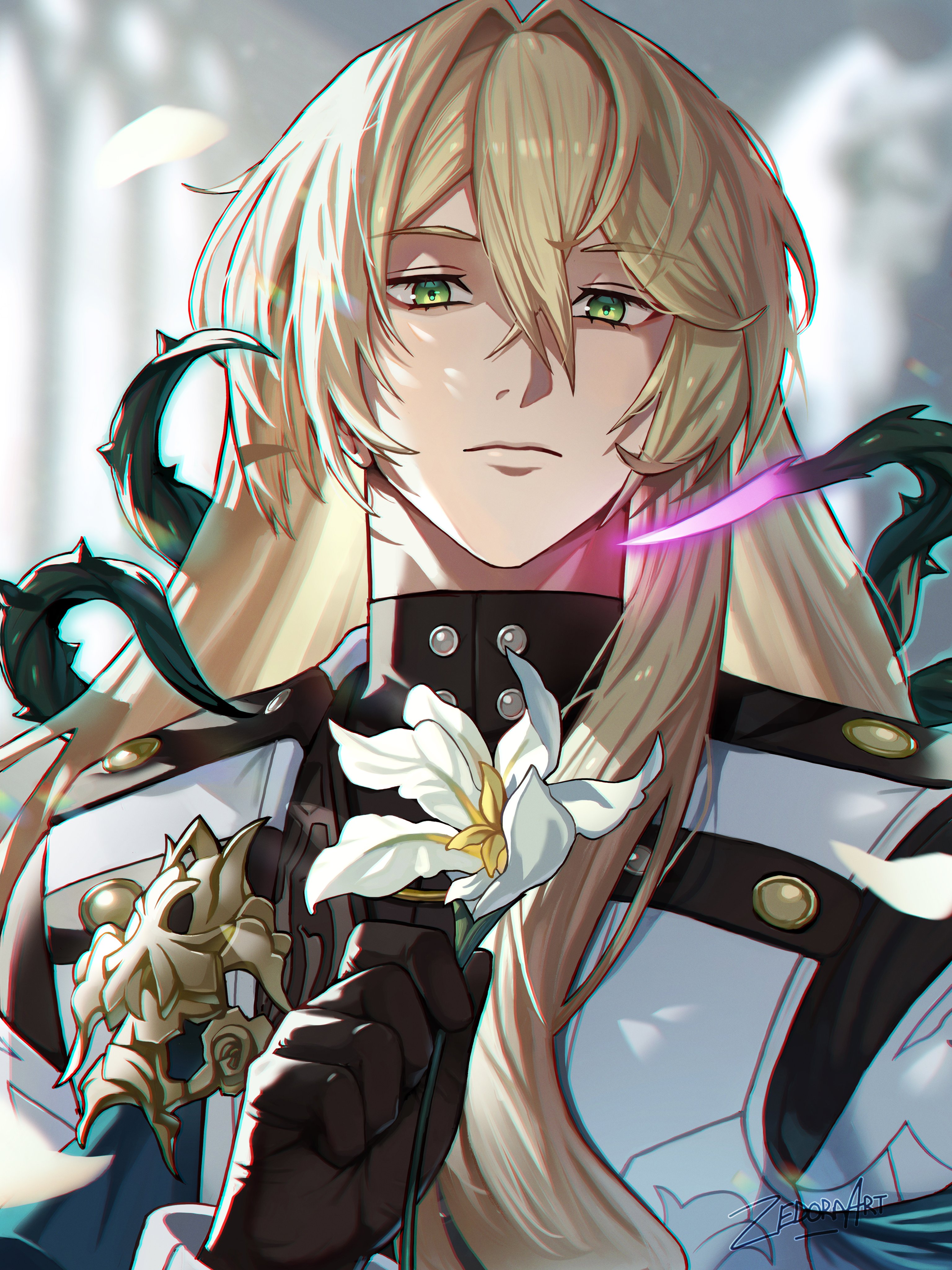 Safebooru - 1boy absurdres at knifepoint black gloves black shirt blonde hair blurry blurry ...