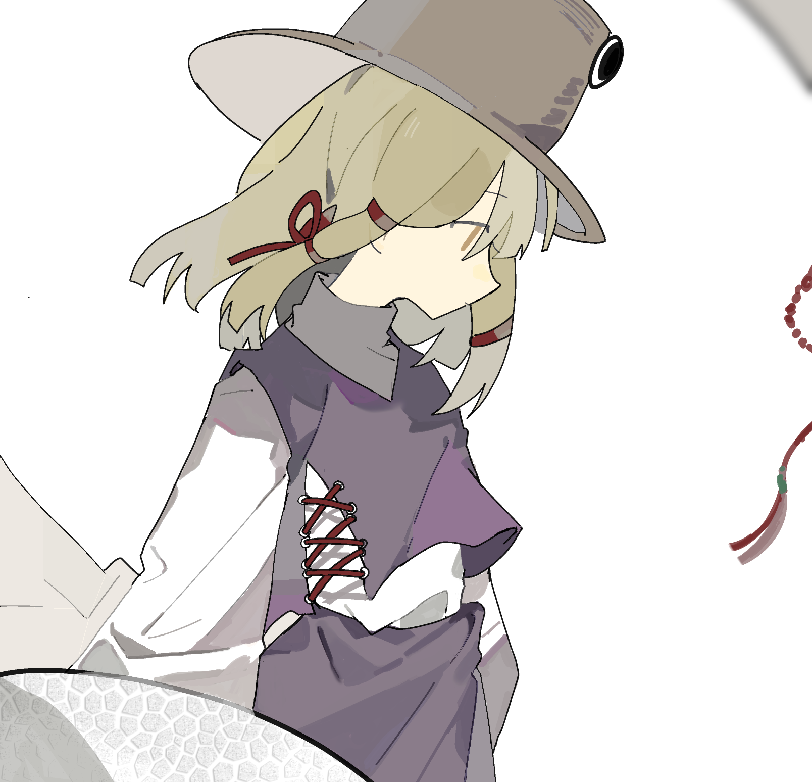 Safebooru - 1girl blonde hair brown headwear cross-laced vest from side hair ribbon hat highres ...