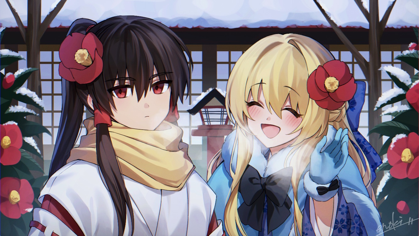Safebooru - 1boy 1girl artist name black hair blonde hair closed eyes enoki 3106 flower fur ...