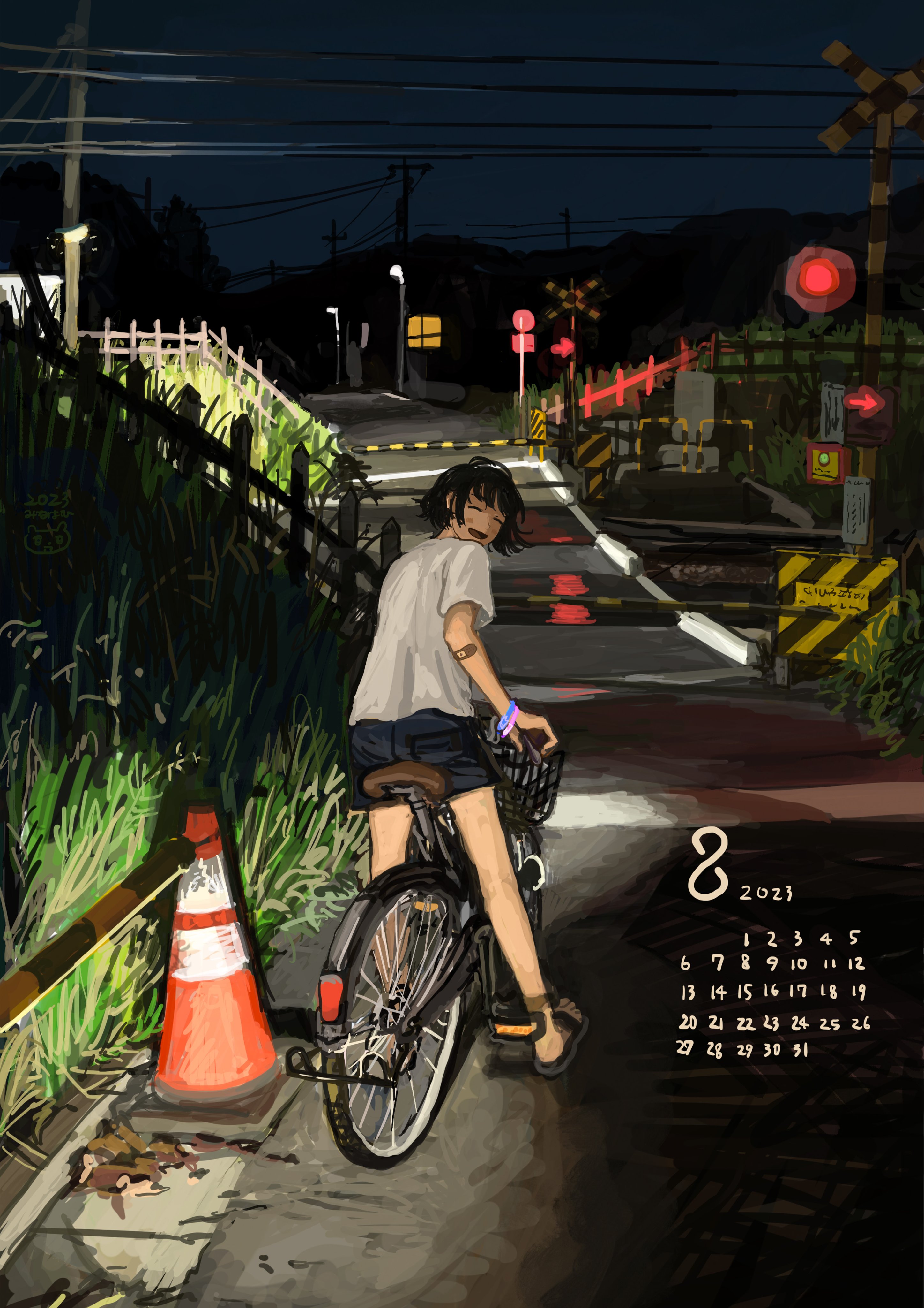 Safebooru - 1girl absurdres august bandaid bandaid on arm barefoot sandals bicycle black hair ...