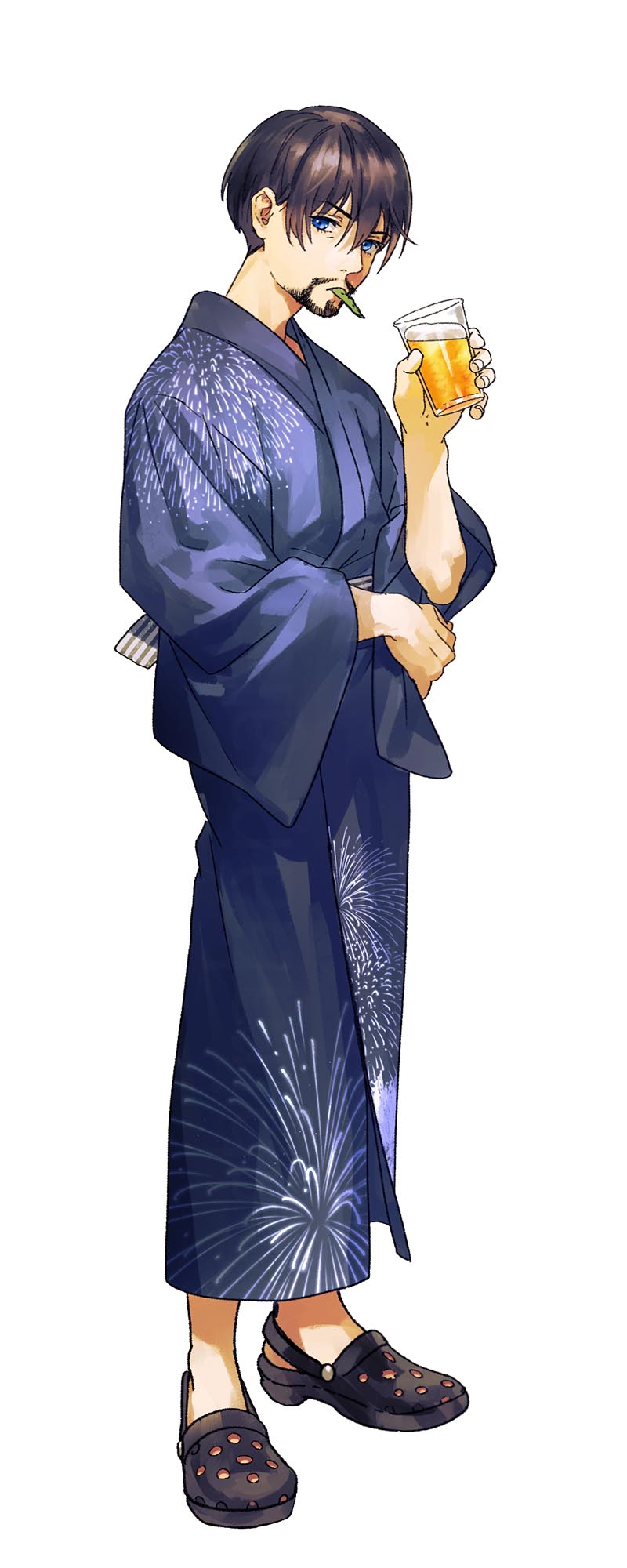 Safebooru - 1boy alcohol beer black footwear black hair blue eyes blue kimono closed mouth cup ...