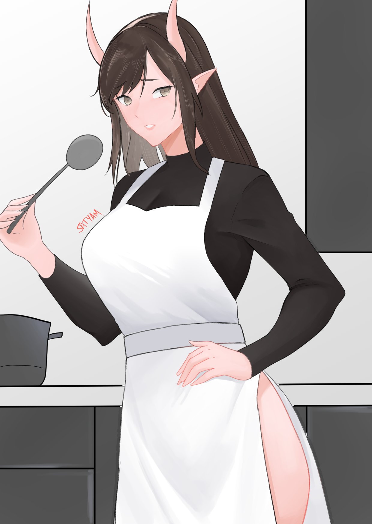 Safebooru - 1girl apron black shirt brown eyes brown hair cooking demon ...