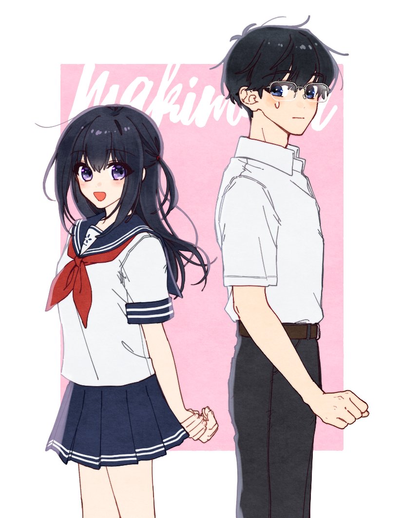 Safebooru - 1boy 1girl :d :| arms behind back back-to-back belt black ...