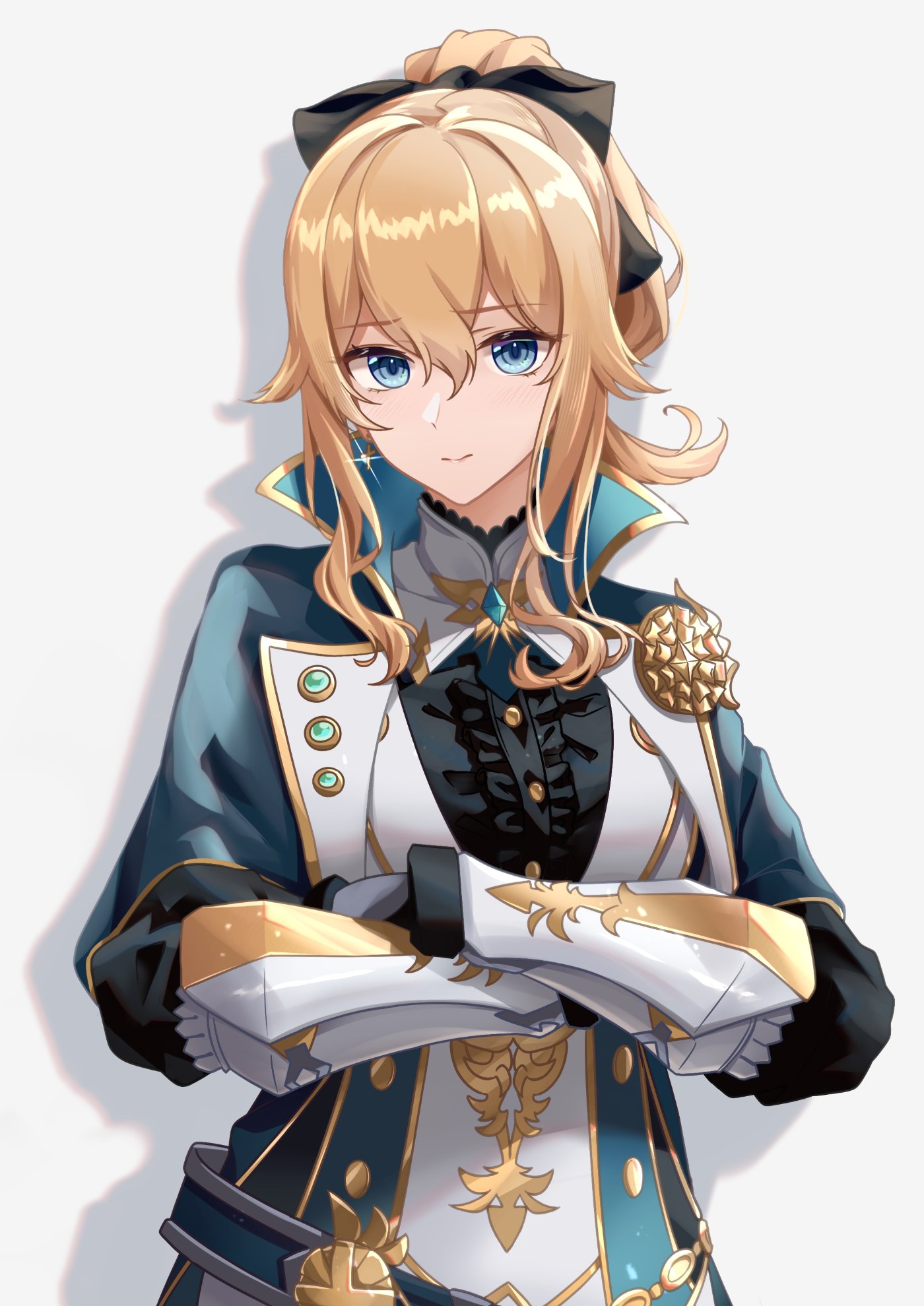 Safebooru - 1girl arm guards black shirt blonde hair blue capelet blue coat blue eyes blush bow ...