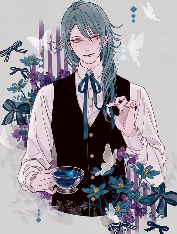 Safebooru - 1boy aqua hair black bow black vest blue bow blue flower blue ribbon bow bug ...