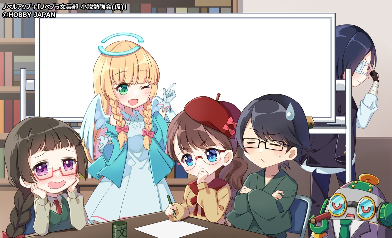 Safebooru - 1boy 4girls ;d angel angel wings bare shoulders beret black-framed eyewear black ...