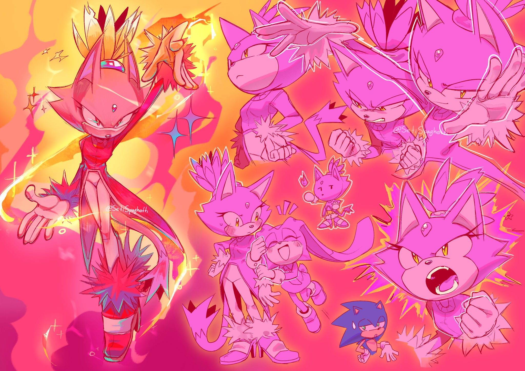 Safebooru - 1boy 2girls arm hug blaze the cat blue fur blush burning burning blaze cat tail ...