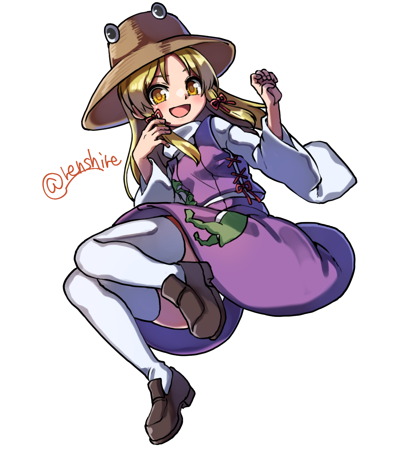 Safebooru - 1girl :d animal print black footwear brown headwear commentary frog print full body ...