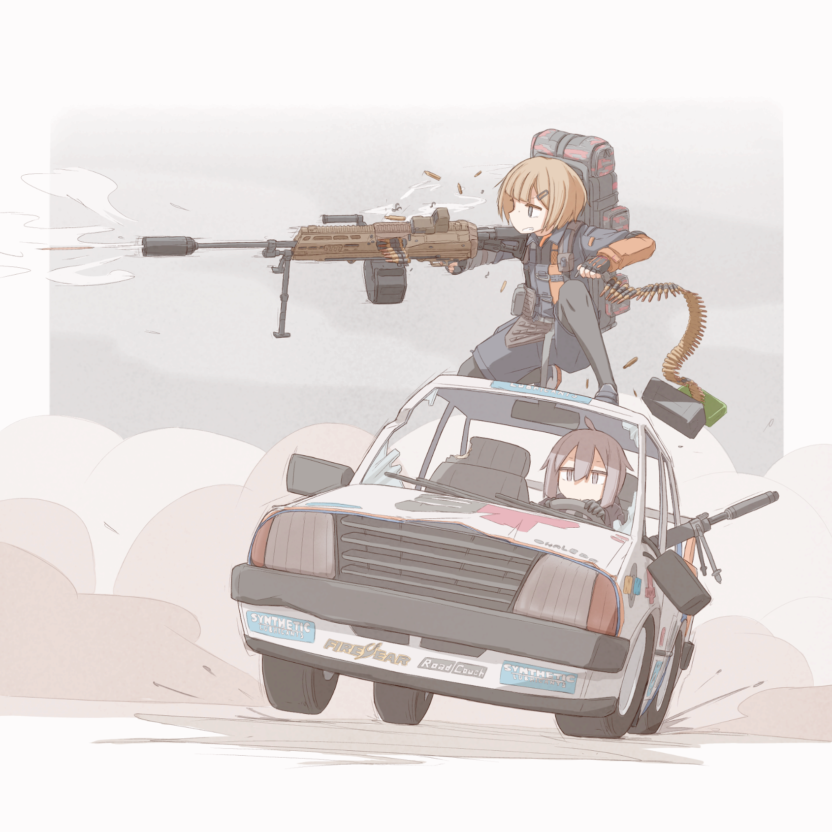 Safebooru - 2girls ahoge ammunition belt backpack bag bipod black ...