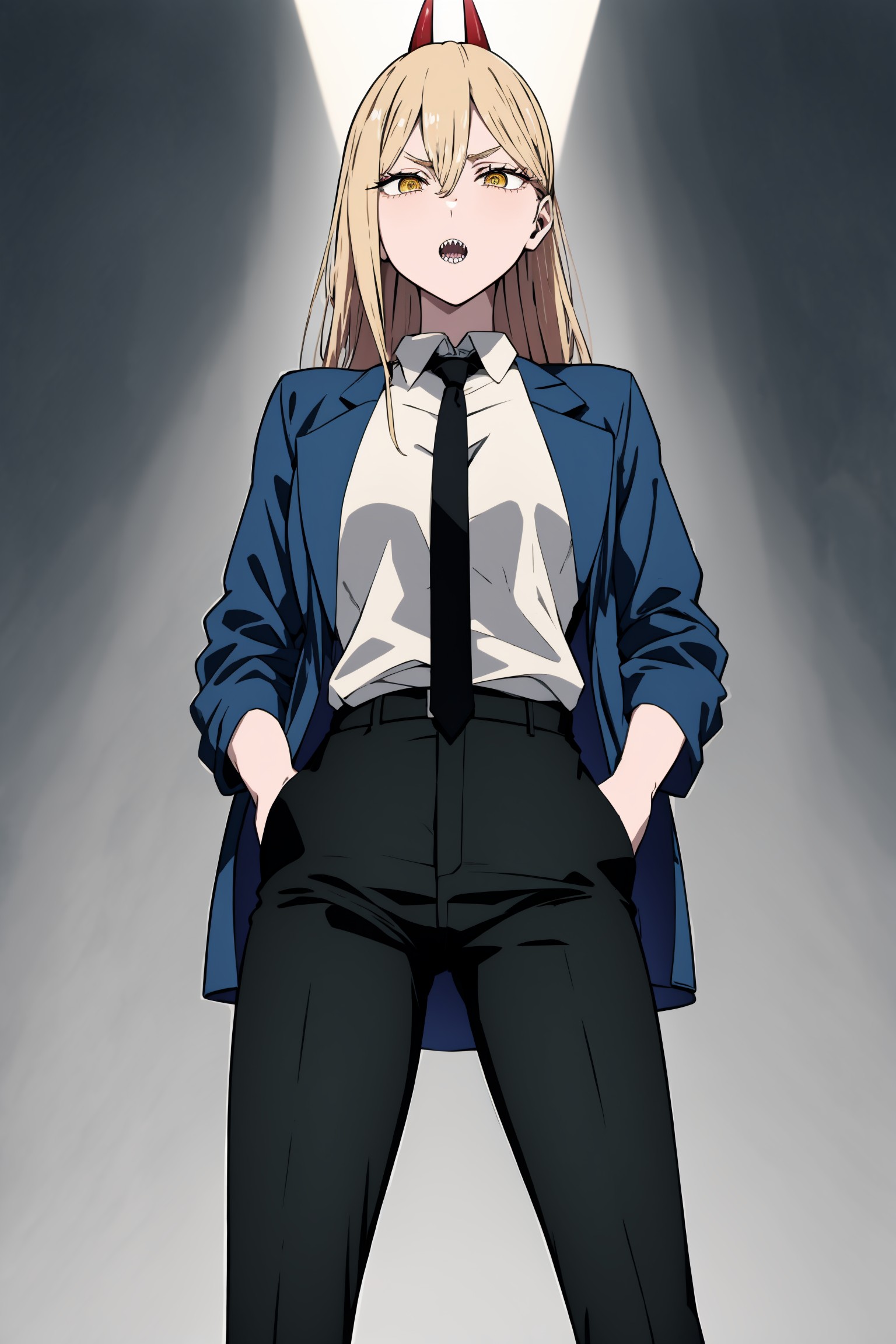 Safebooru - 2023 ai generated beautiful blonde hair blue jacket chainsaw man costume cute eyes ...
