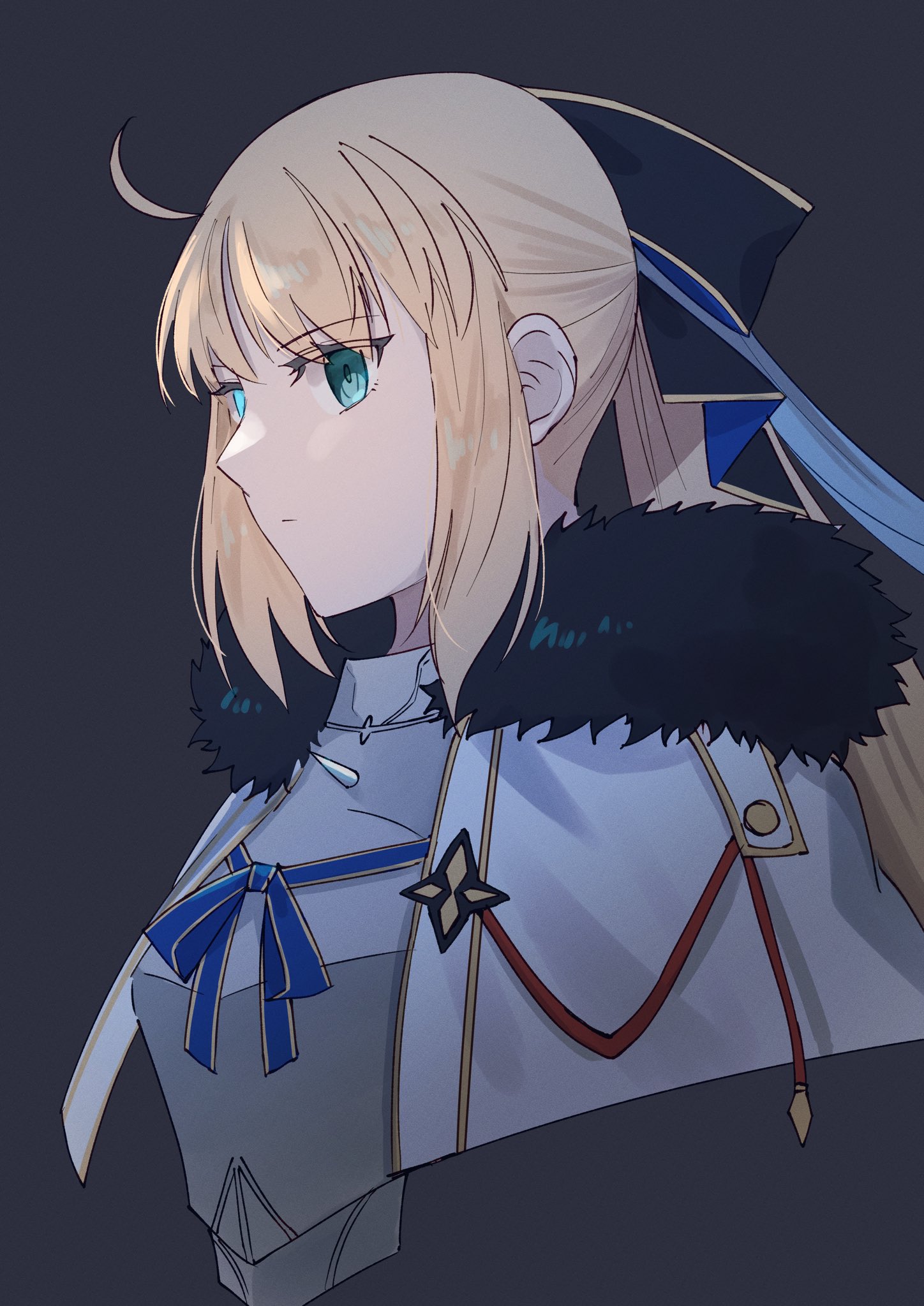 Safebooru - 1girl ahoge armor black fur black ribbon blonde hair blue ribbon cape closed mouth ...