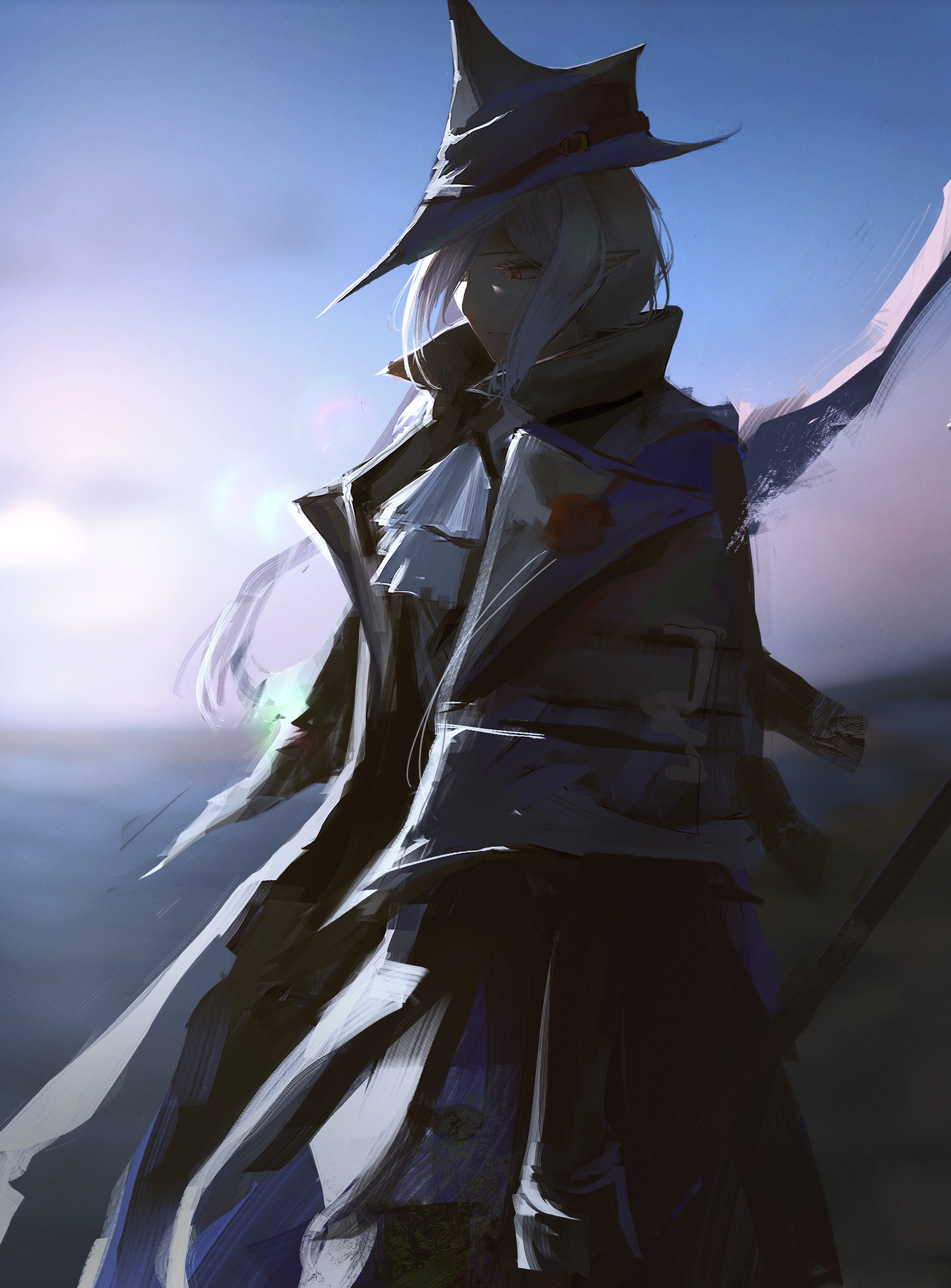 Safebooru - 1girl absurdres arknights ascot backlighting black coat black headwear blurry blurry ...
