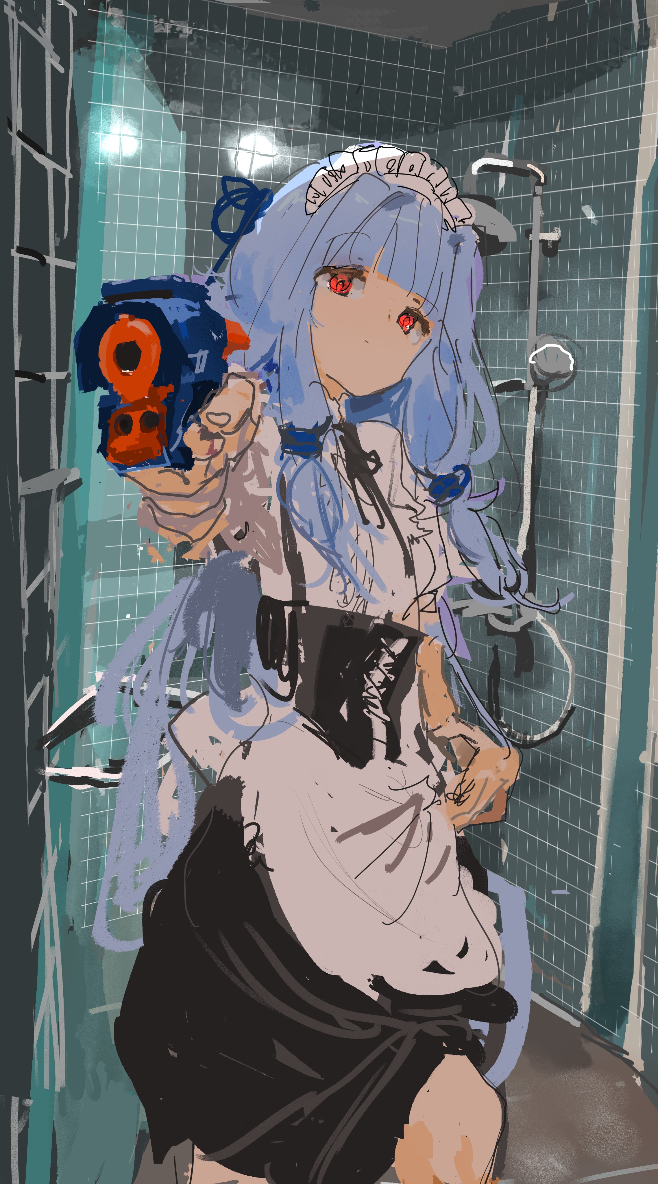 Safebooru - 1girl absurdres aiming aiming at viewer alternate costume apron bathroom black skirt ...