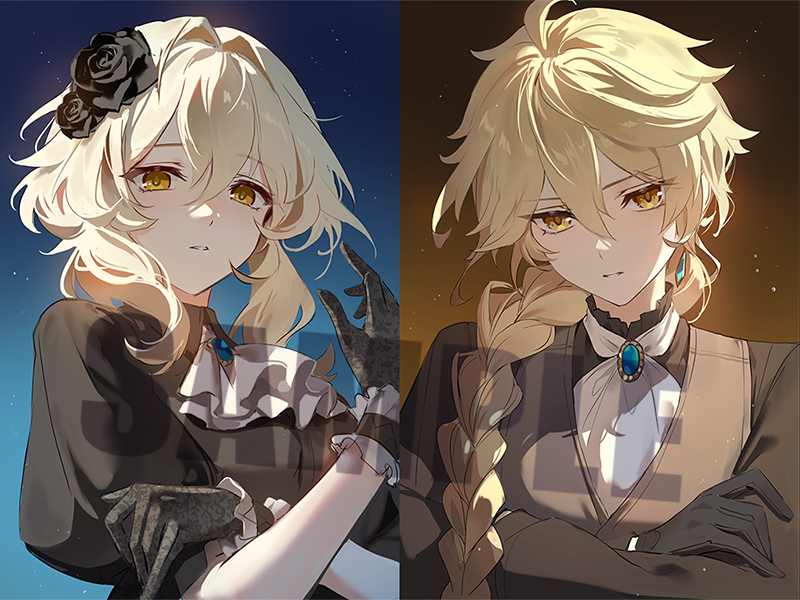 Safebooru - 1boy 1girl aether (genshin impact) alternate costume ascot babjuseyobab black gloves ...