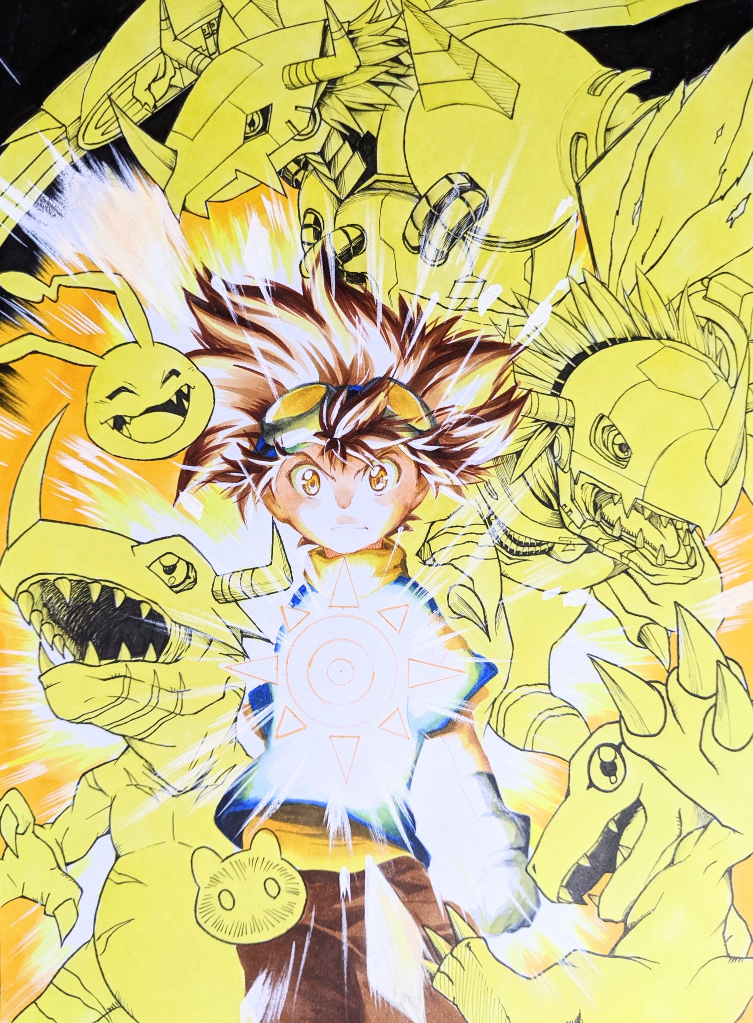 Safebooru - 1boy :d agumon armor blue shirt botamon brown eyes brown ...