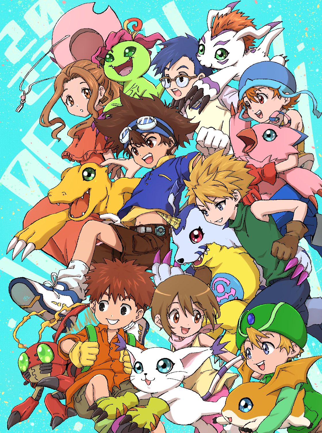 Safebooru - 3girls 5boys :d agumon bare shoulders bird blue headwear ...