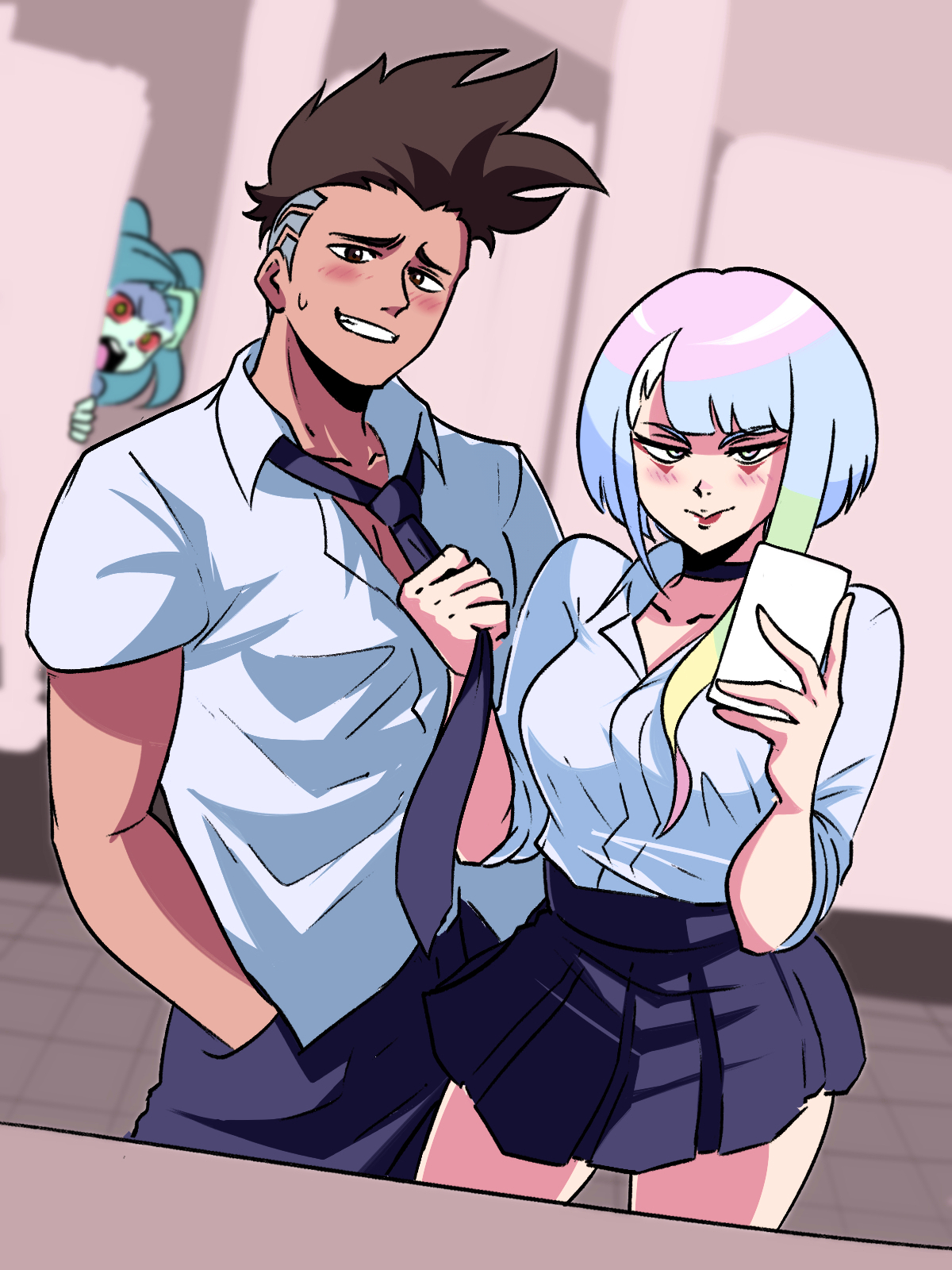 Safebooru - 1boy 2girls :o black choker black necktie blue hair blue pants blue skirt blunt ...