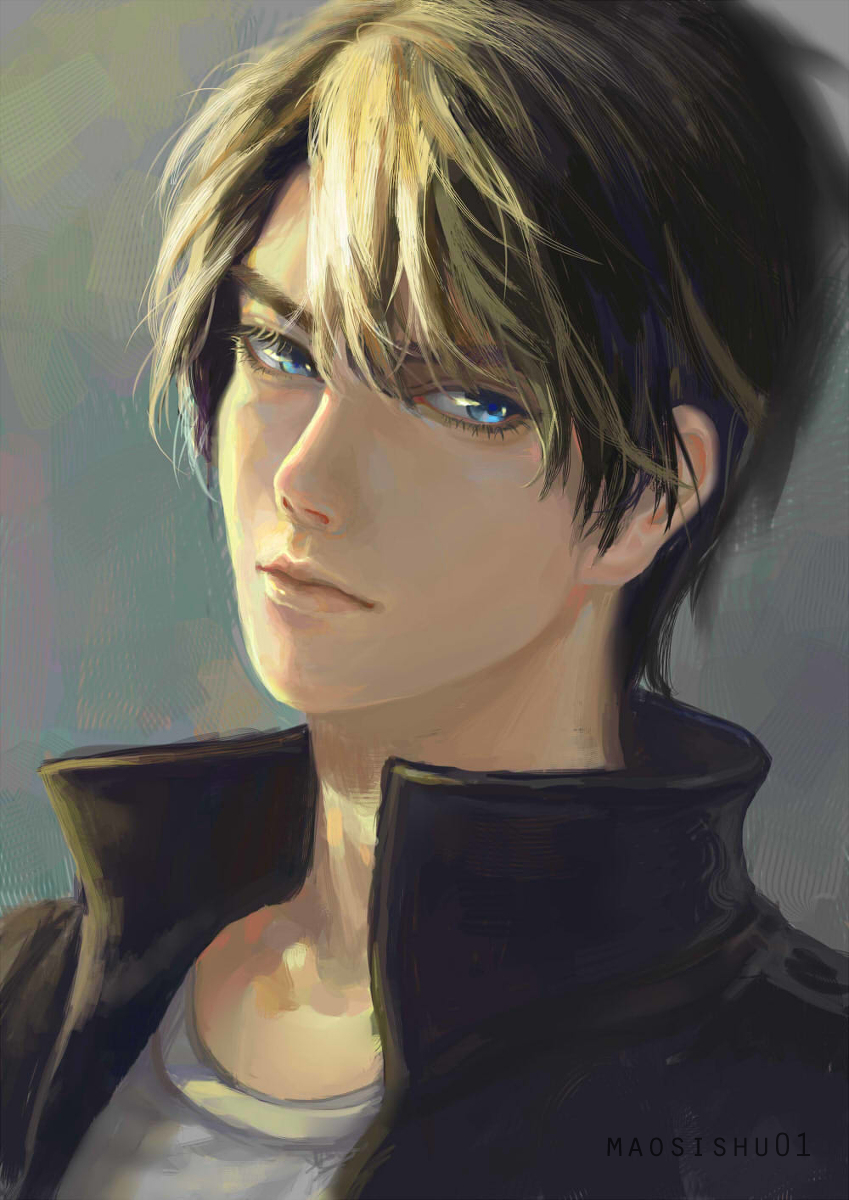 Safebooru - 1boy black hair black jacket blonde hair blue eyes closed mouth collarbone collared ...