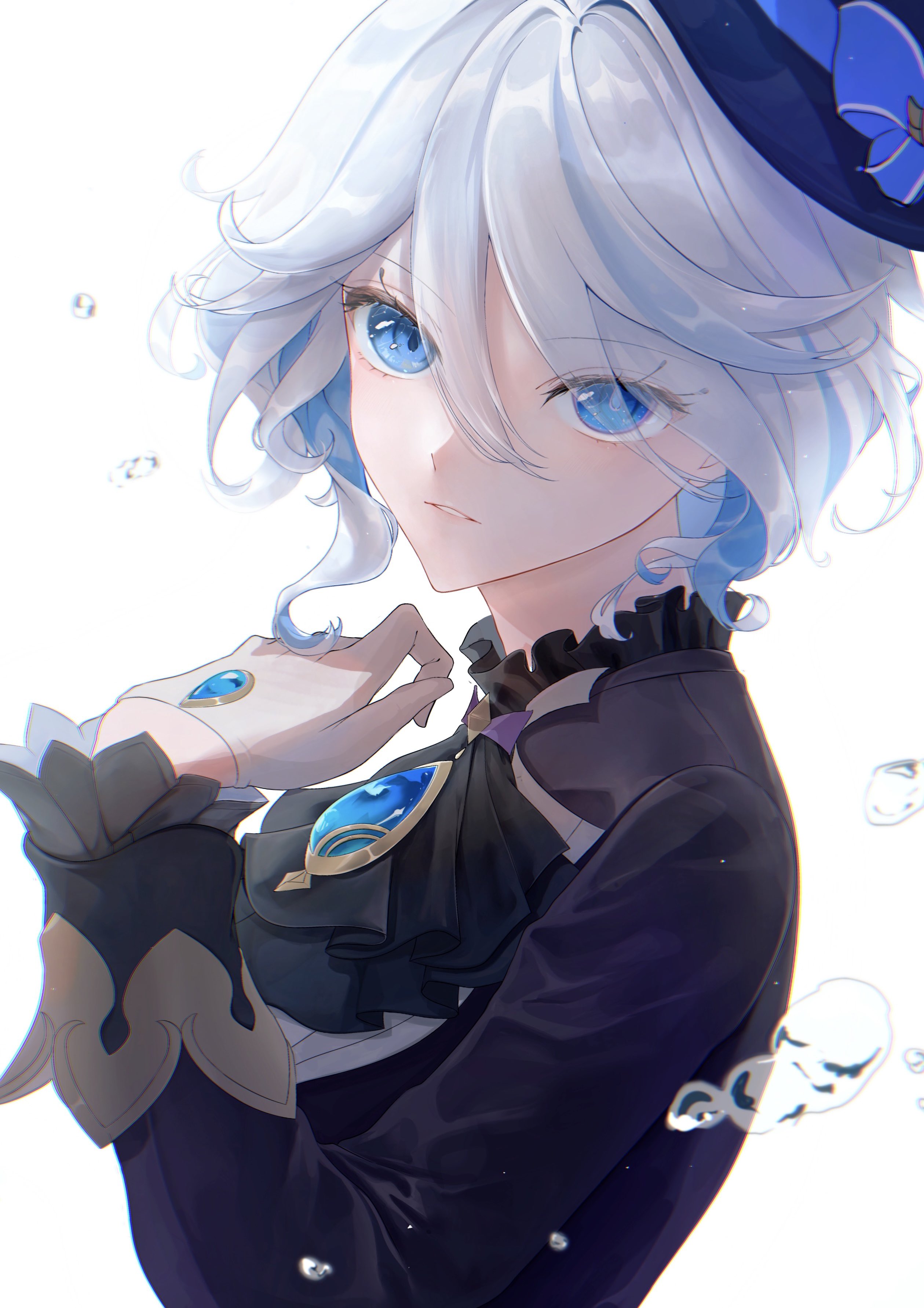 Safebooru - 1girl absurdres arano0910 ascot black ascot black jacket blue eyes blue gemstone ...