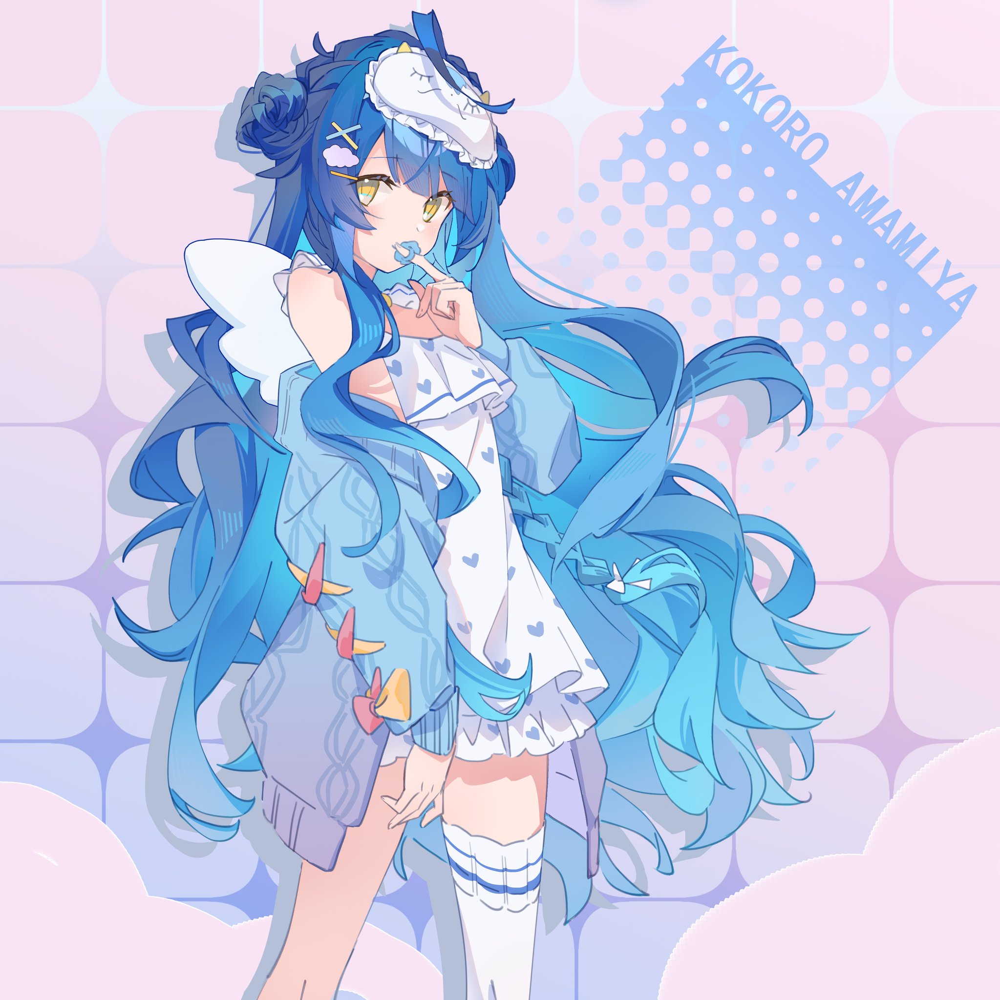 Safebooru - 1girl amamiya kokoro blue cardigan blue hair cardigan cloud hair ornament dress hair ...