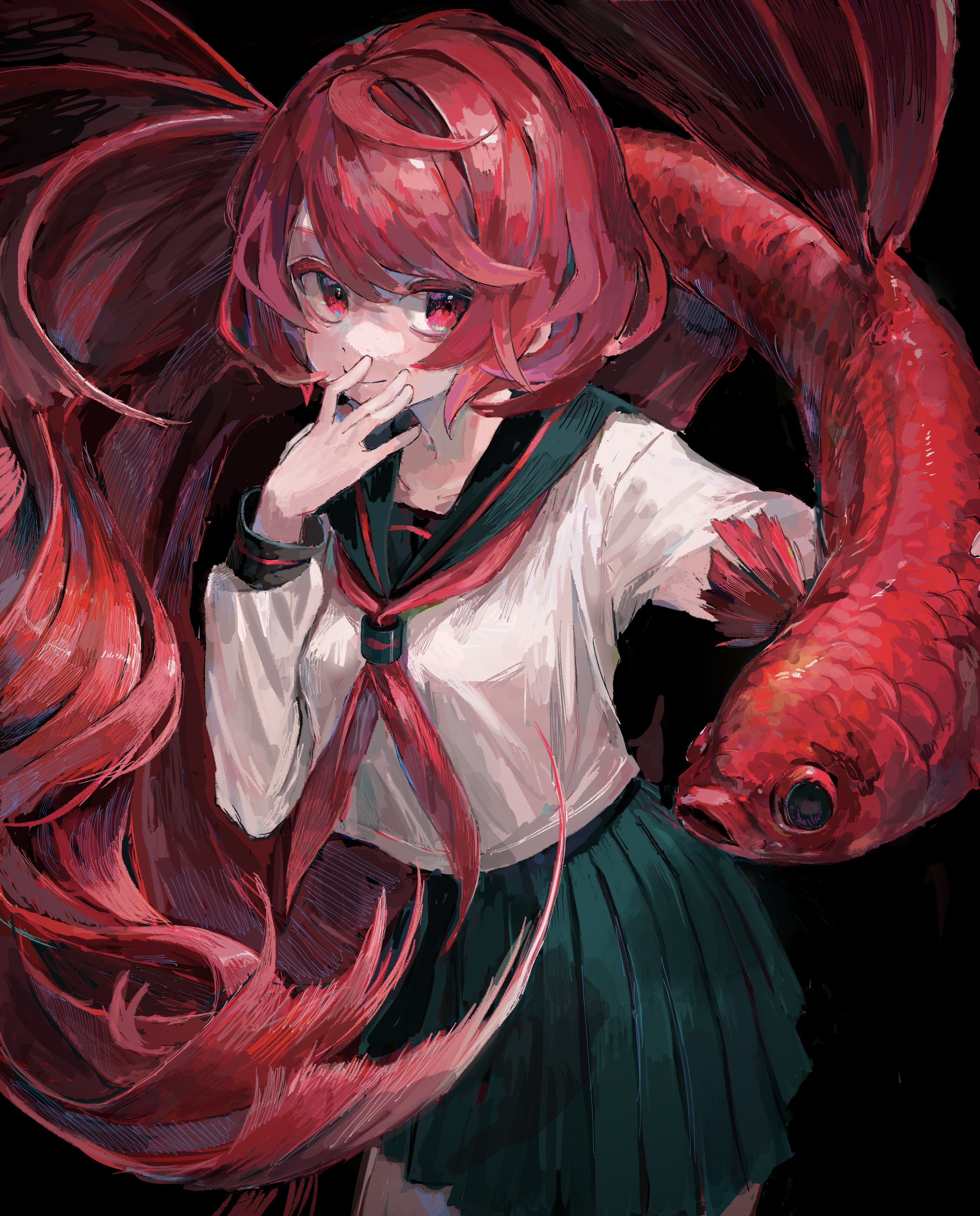 Safebooru - 1girl absurdres animal arako o black background black sailor collar black skirt ...