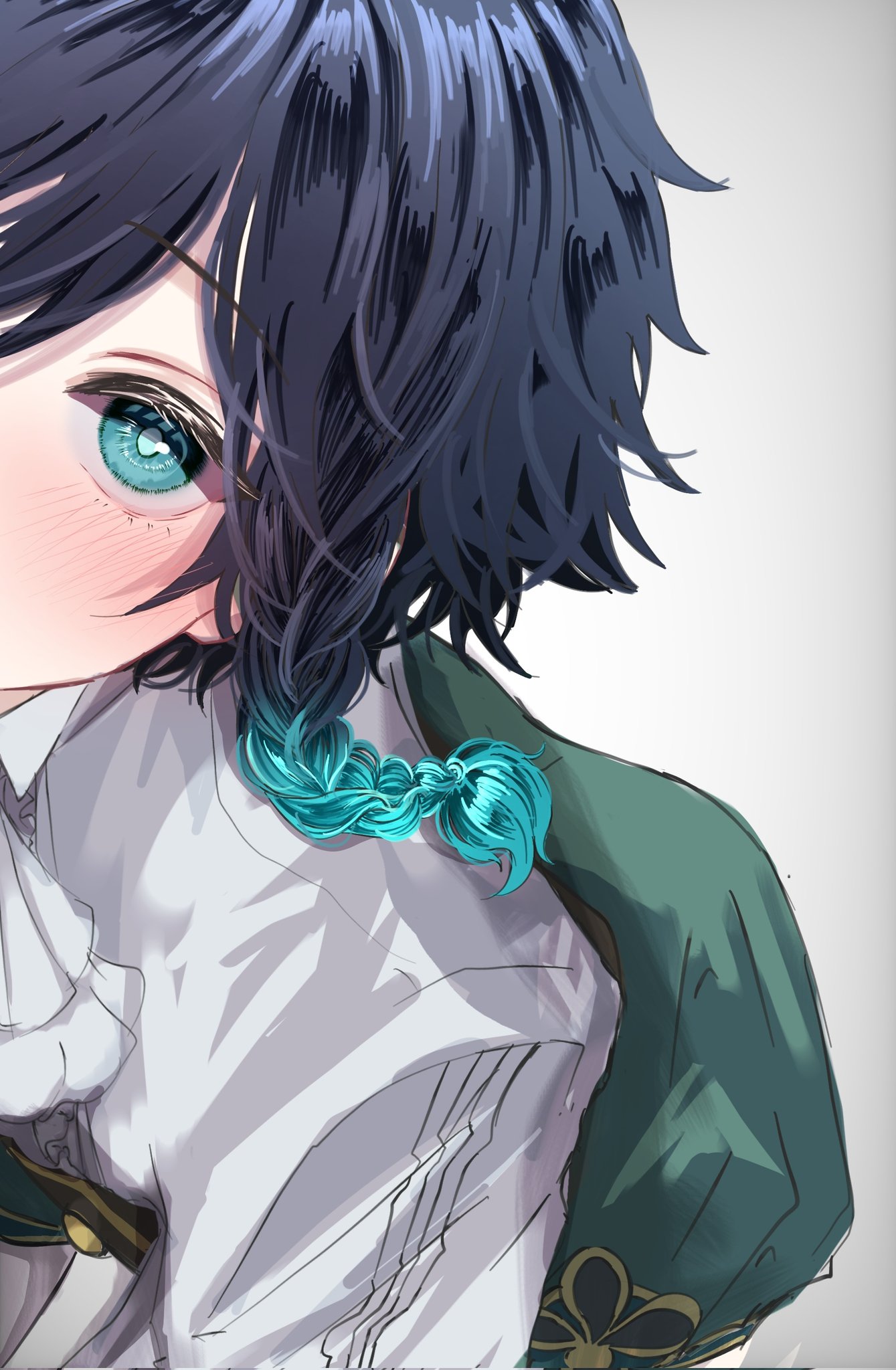 Safebooru - 1boy androgynous aqua eyes aqua hair ascot black hair blush braid cape fugusashi ...