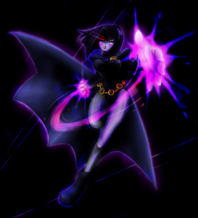Safebooru - aura cape dc comics glowing eyes grey skin raven (dc) red ...