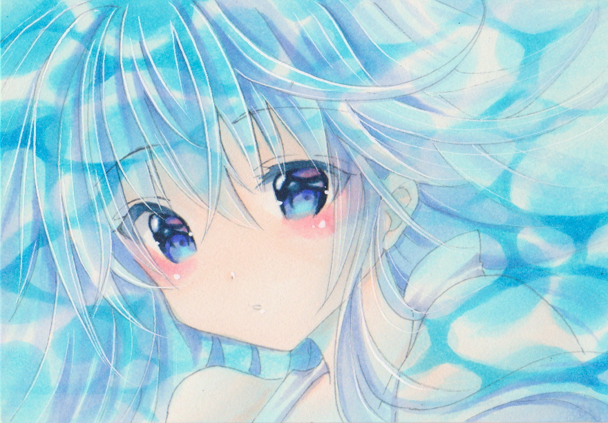Safebooru - 1girl bare shoulders blue background blue eyes blue hair blue theme blush close-up ...