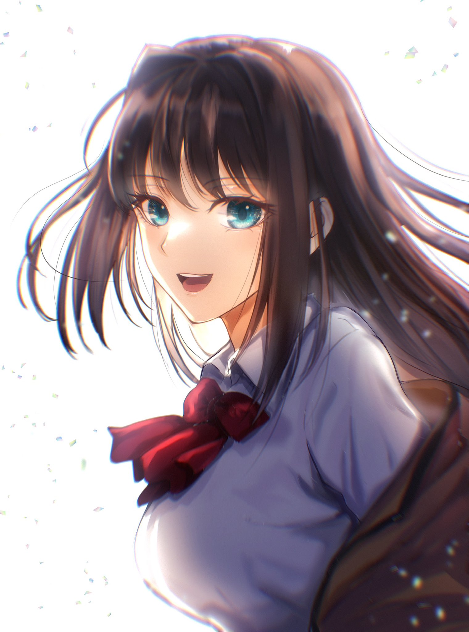 Safebooru - 1girl aozaki aoko blazer blue eyes bow bowtie breasts brown hair brown jacket ...