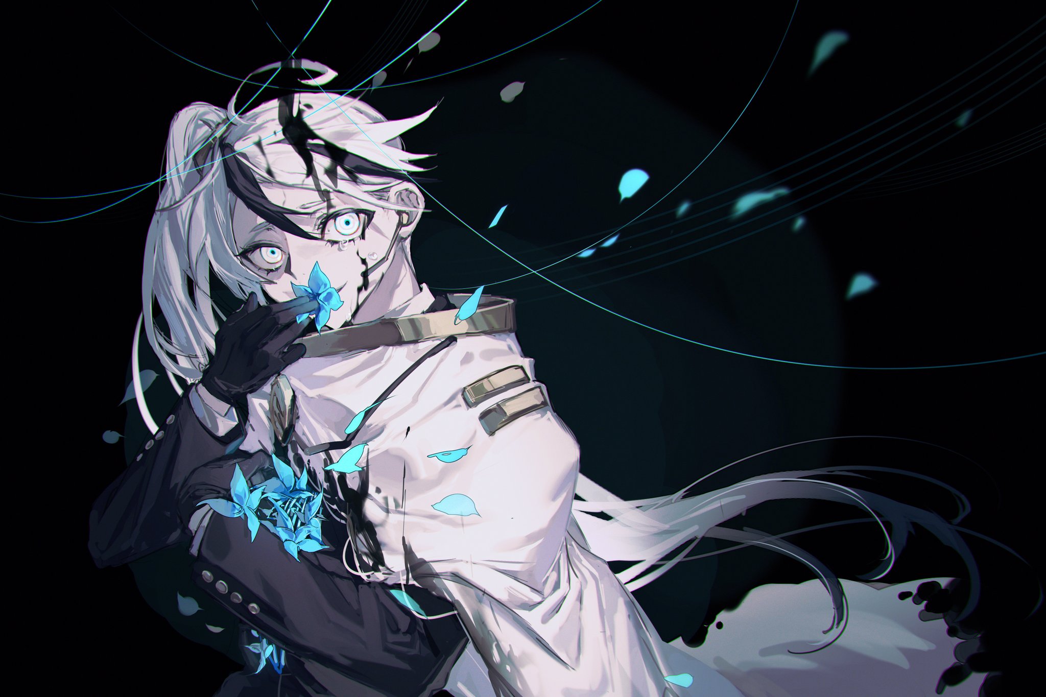 Safebooru - 1boy ahoge black background black blood black gloves black hair black jacket blood ...