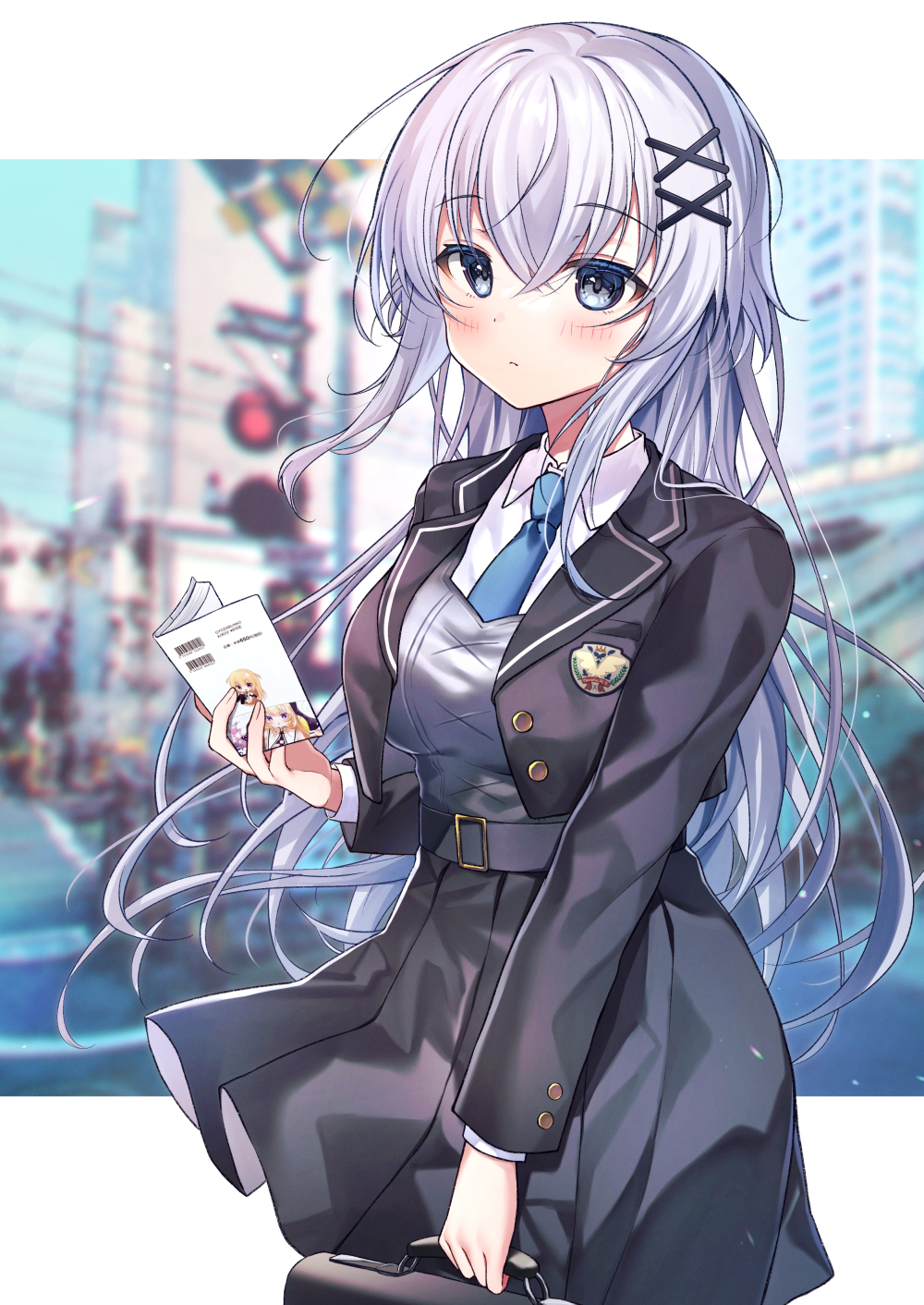 Safebooru - 1girl black jacket black skirt blazer blue eyes blurry blurry background blush ...