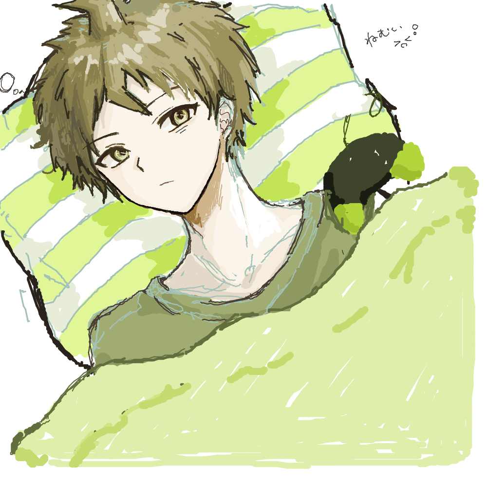 Safebooru - 1boy ahoge alternate costume blanket brown eyes brown hair brown shirt collarbone ...
