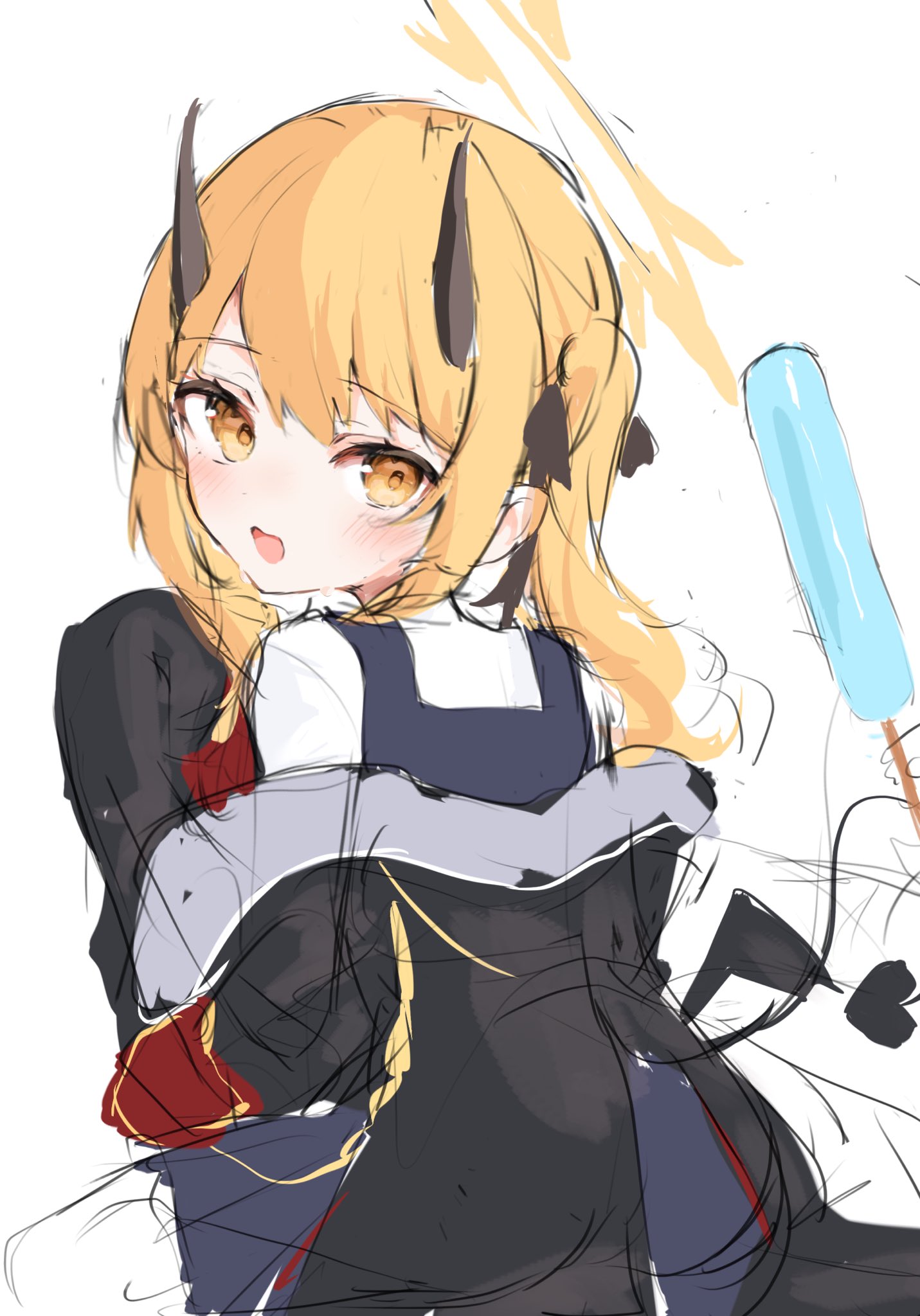 Safebooru - 1girl :d black horns black jacket blonde hair blue archive blush demon tail demon ...