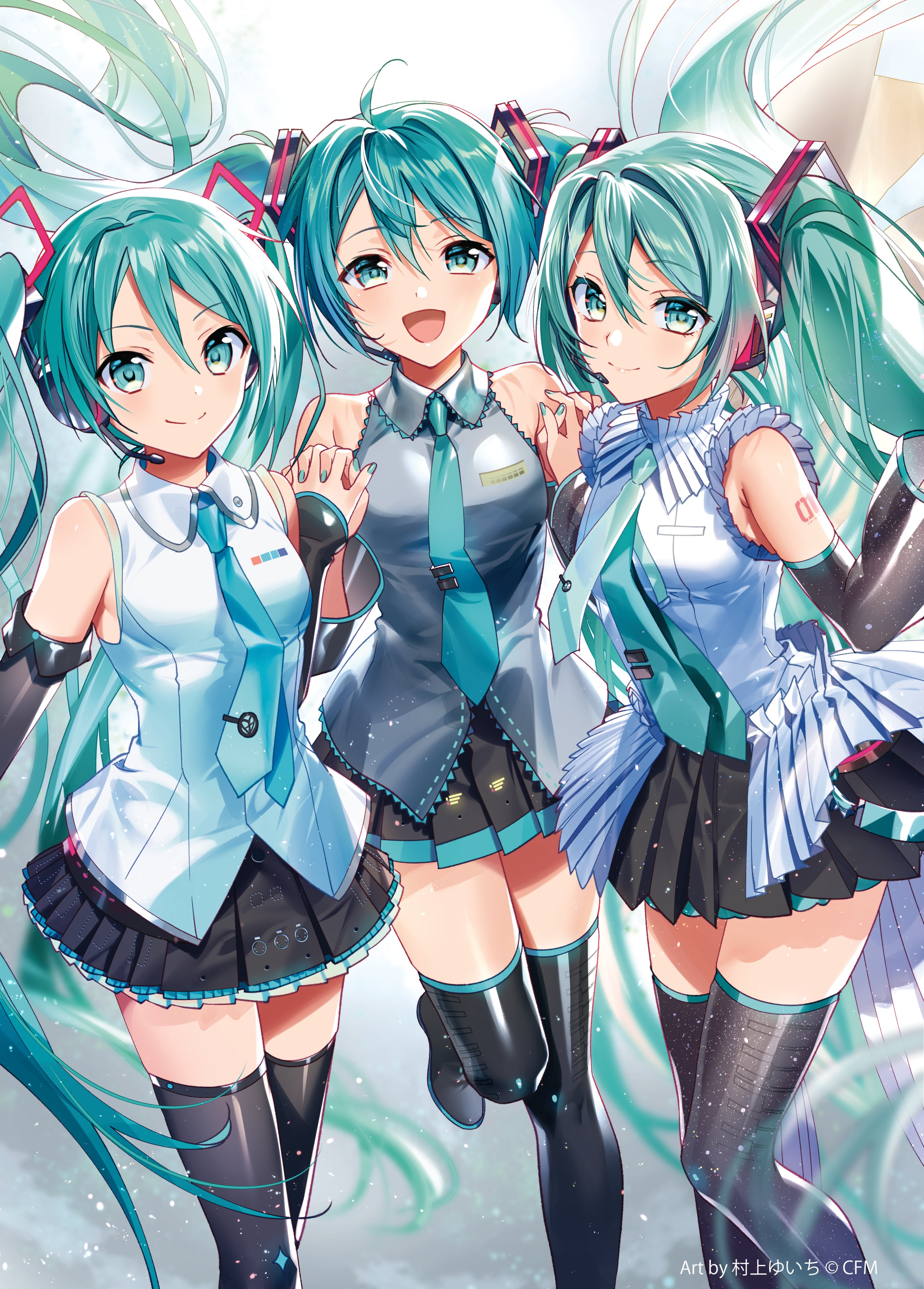 Safebooru - 3girls absurdres aqua belt aqua eyes aqua hair aqua nails aqua necktie arm at side ...