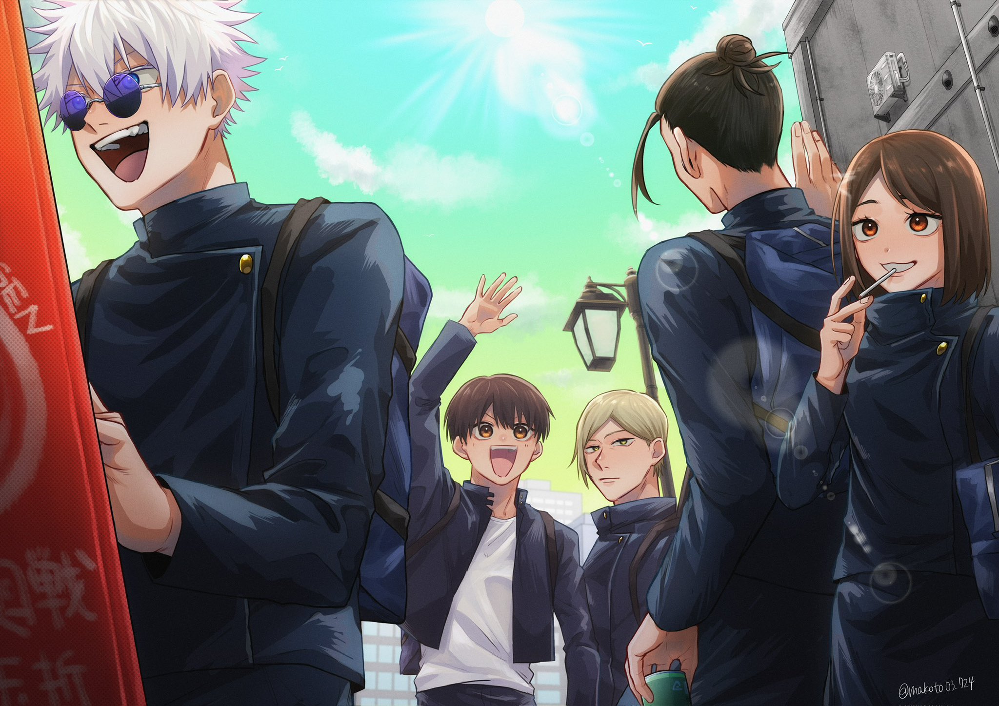Safebooru - 1girl 4boys arm up bag black hair black jacket black pants black skirt blonde hair ...