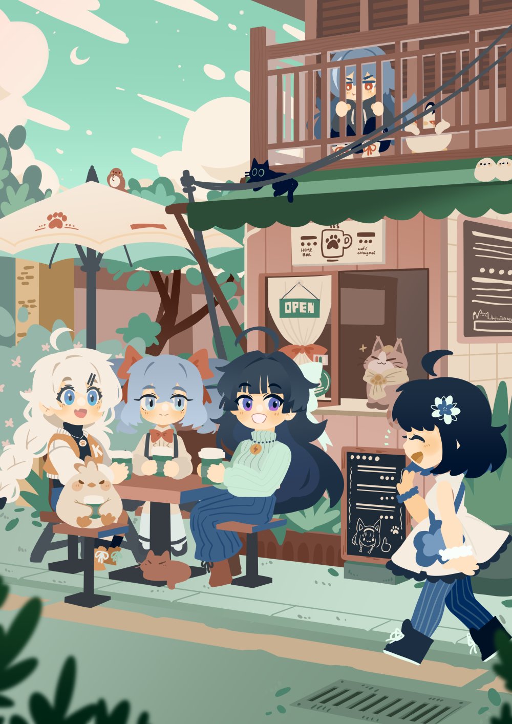 Safebooru - :d ^ ^ ahoge alternate costume animal bird blue eyes blue pants blush bracelet ...