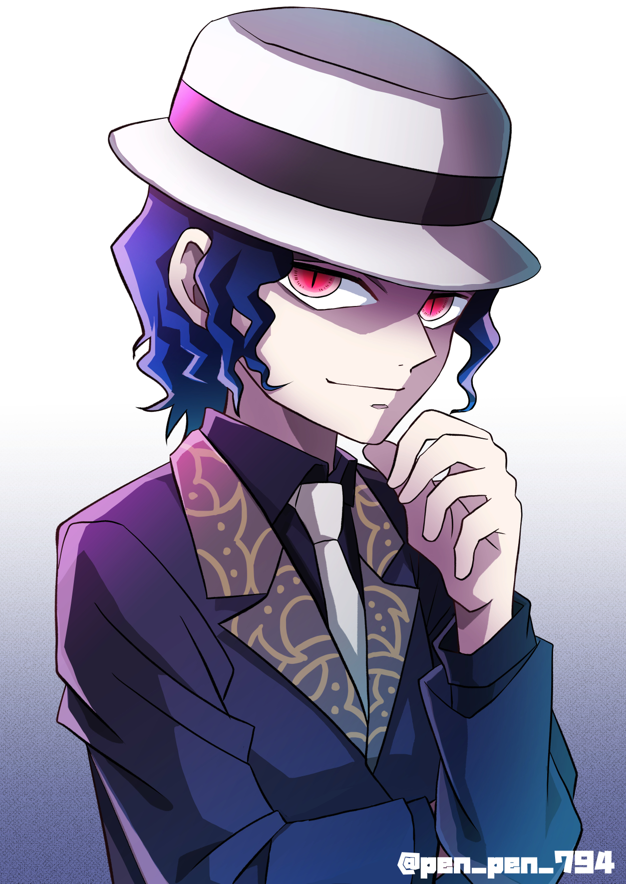 Safebooru - 1boy black shirt blue headwear closed mouth collared jacket collared shirt gradient ...