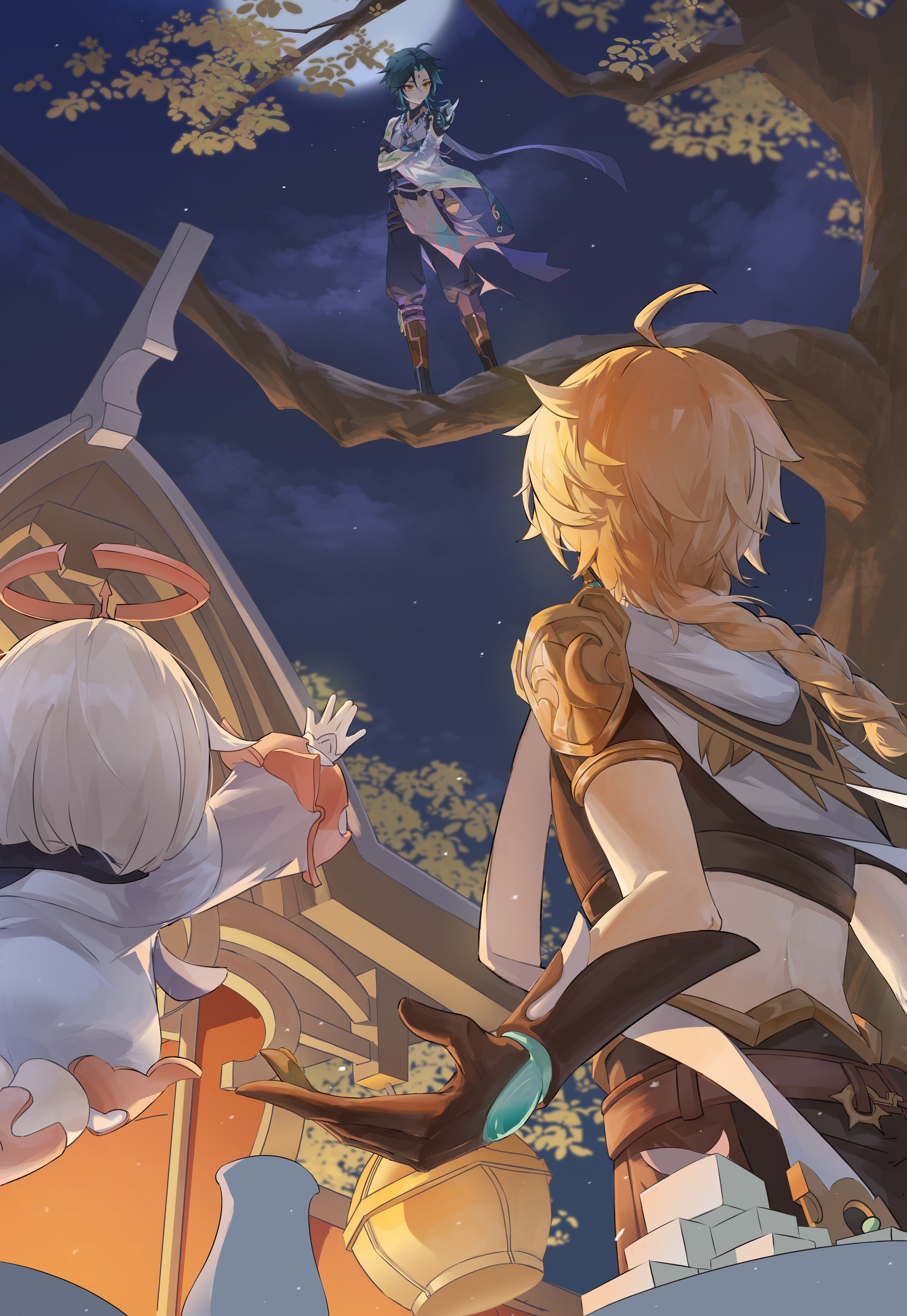 Safebooru - 1girl 2boys absurdres aether (genshin impact) ahoge aqua hair arm armor arm tattoo ...