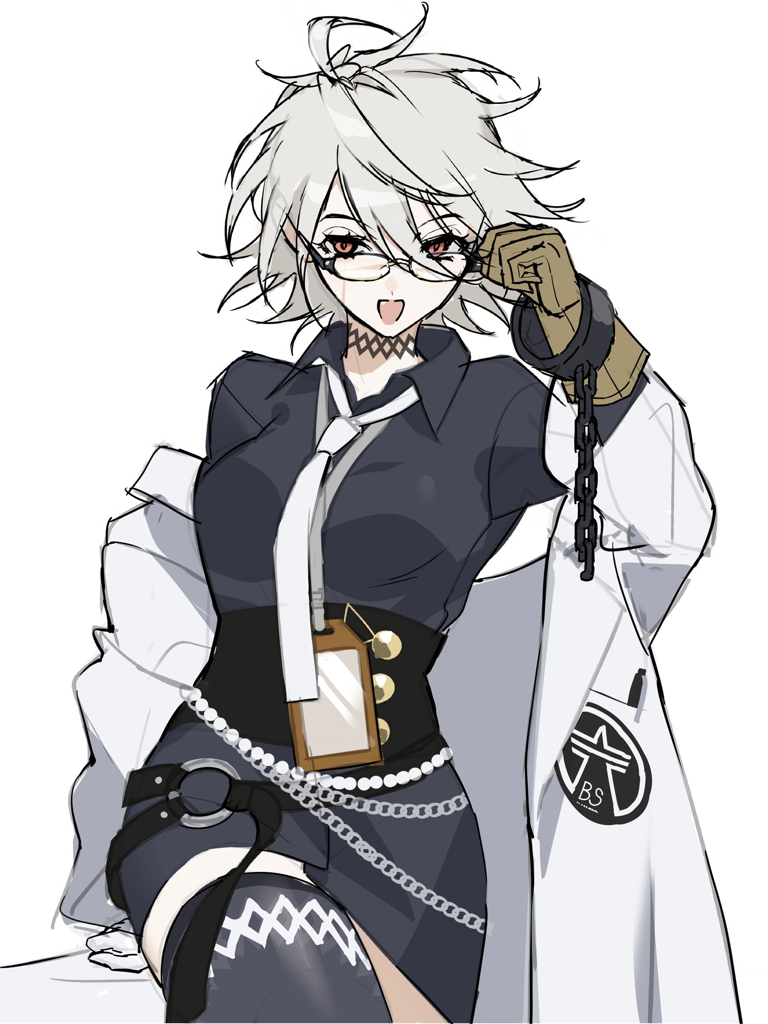 Safebooru - 1girl 3shine 02 adjusting eyewear asymmetrical gloves belt black-framed eyewear ...