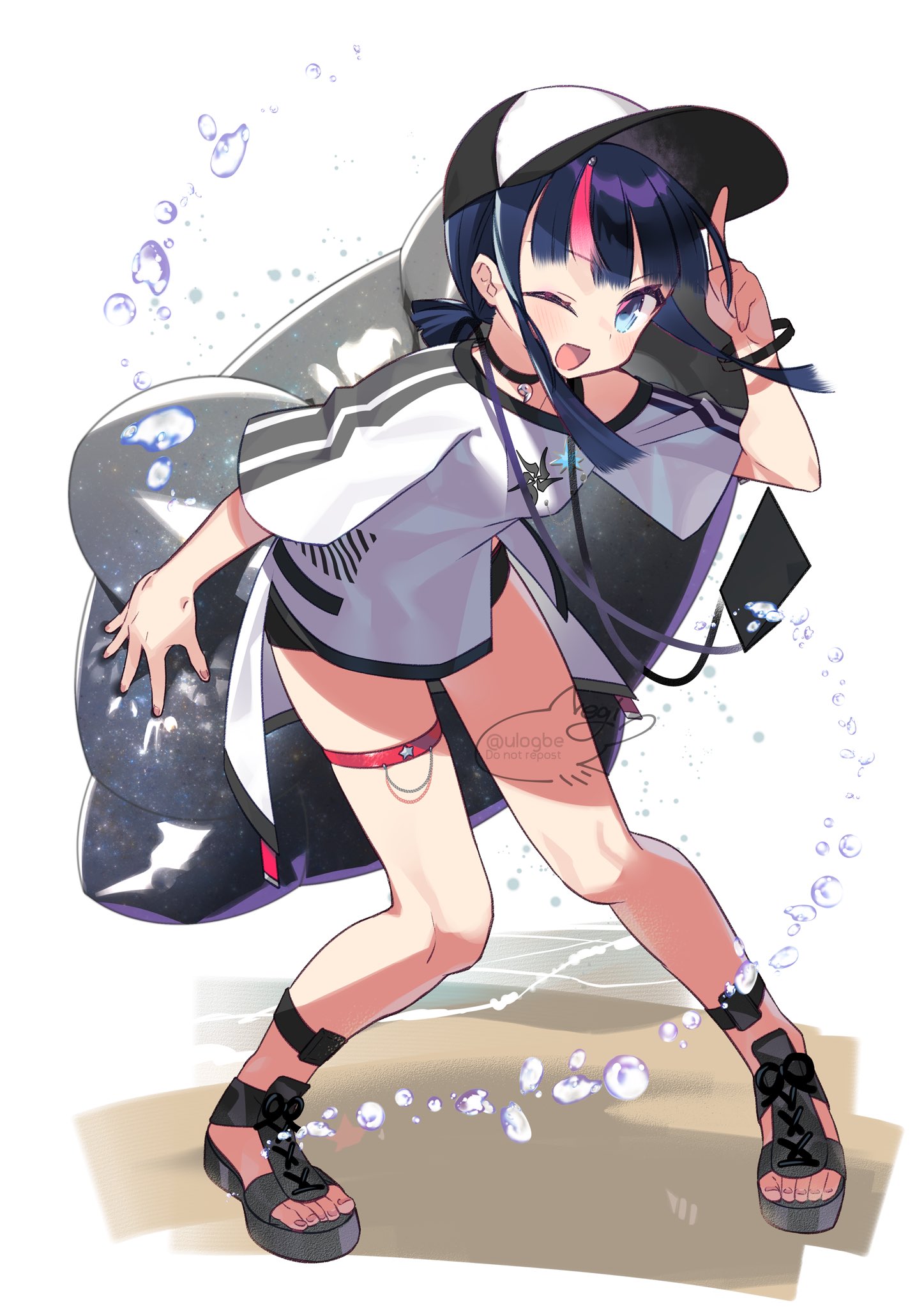 Safebooru - 1girl bare shoulders baseball cap black hair black shorts blue eyes blush breasts ...