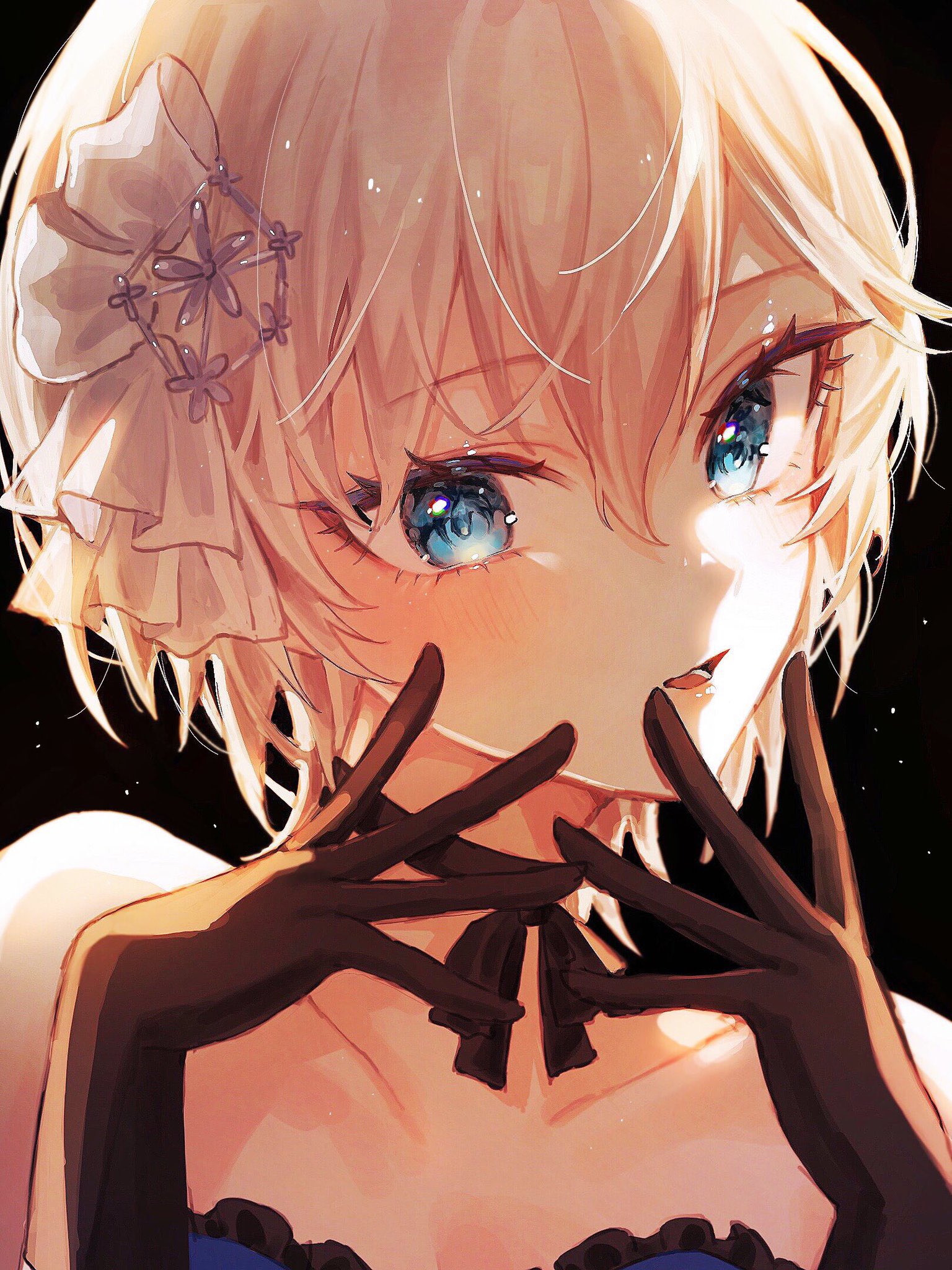 Safebooru - 1girl bare shoulders black background black choker black gloves blue eyes choker ...