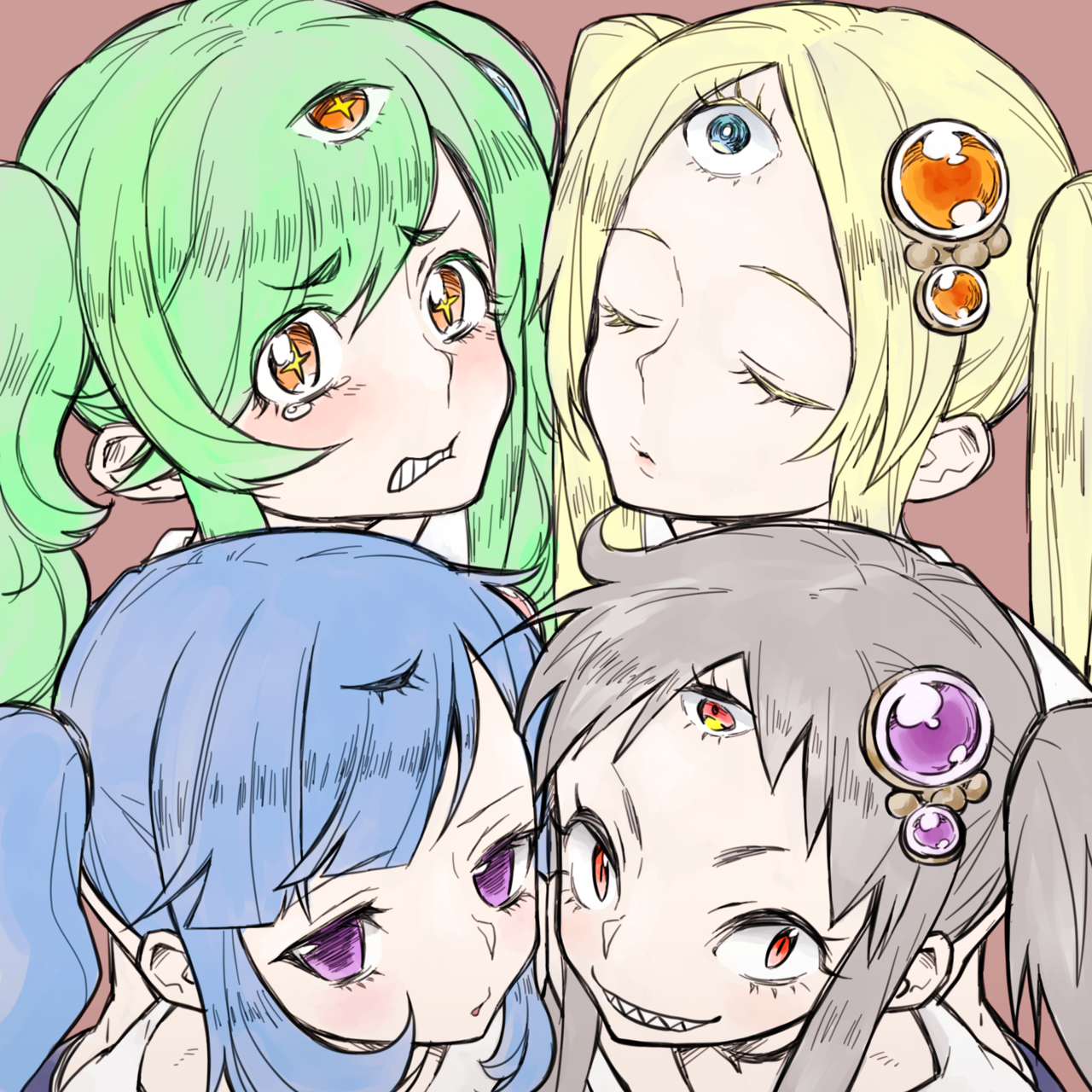 Safebooru - 4girls blonde hair blue eyes blue hair blunt bangs brown background clenched teeth ...