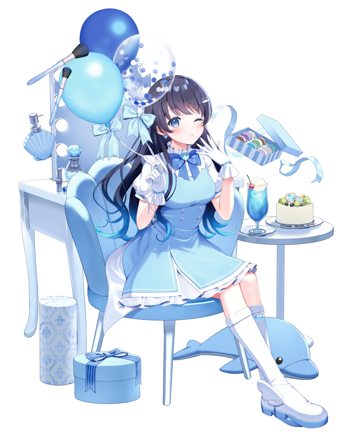 Safebooru - 1girl balloon black hair blue bow blue dress blue eyes blue hair blush boots bow ...