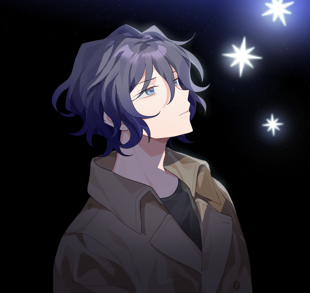 Safebooru - 1boy black background black hair black shirt blue background brown coat coat facing ...