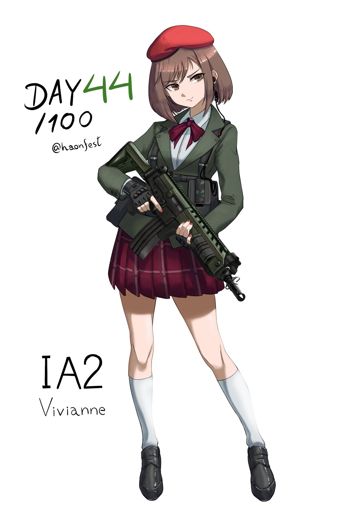 Safebooru - 1girl assault rifle beret black gloves brown eyes brown hair english text fingerless ...
